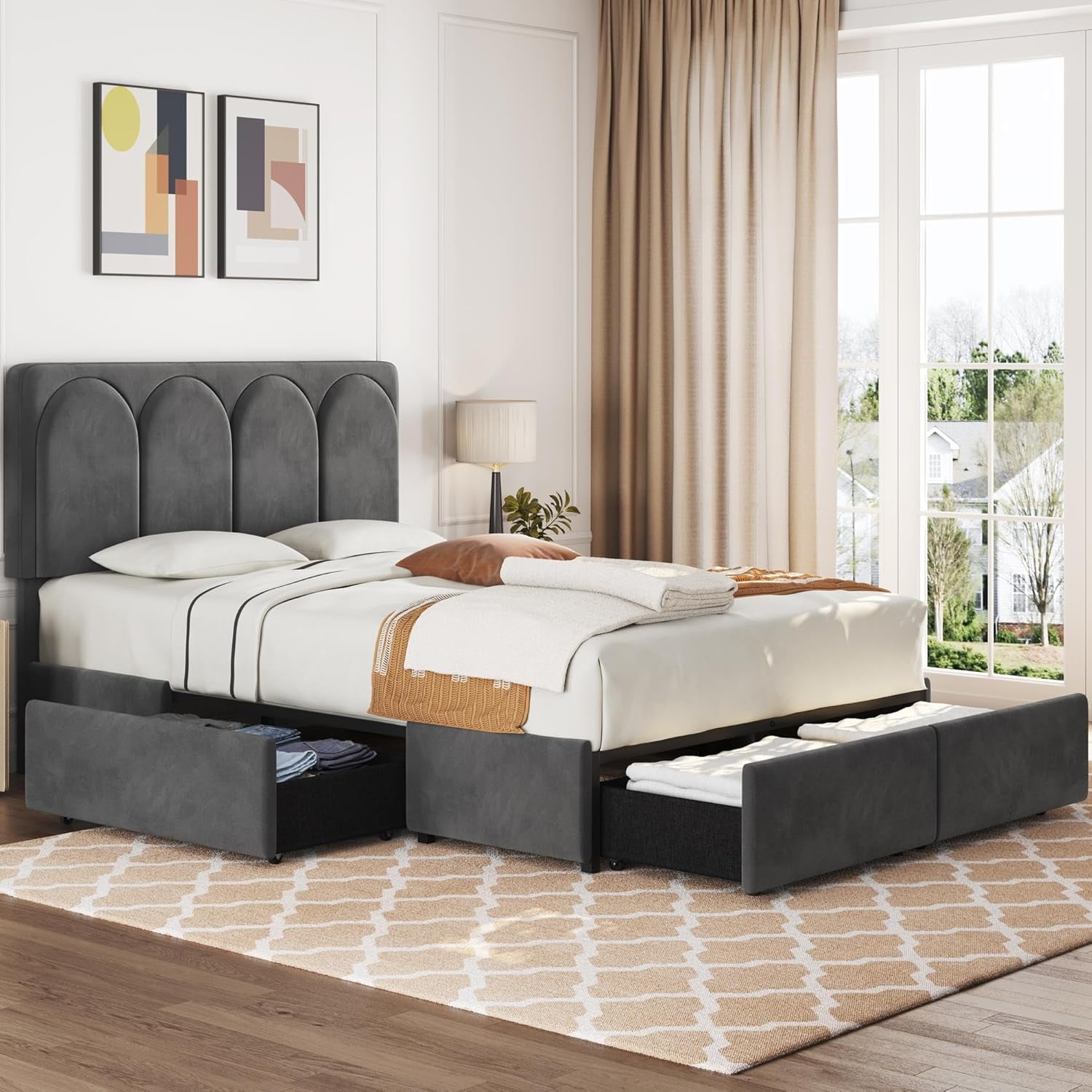 Queen Bed Frame Upholstered Platform Bed with 4 Drawers Storage and ...