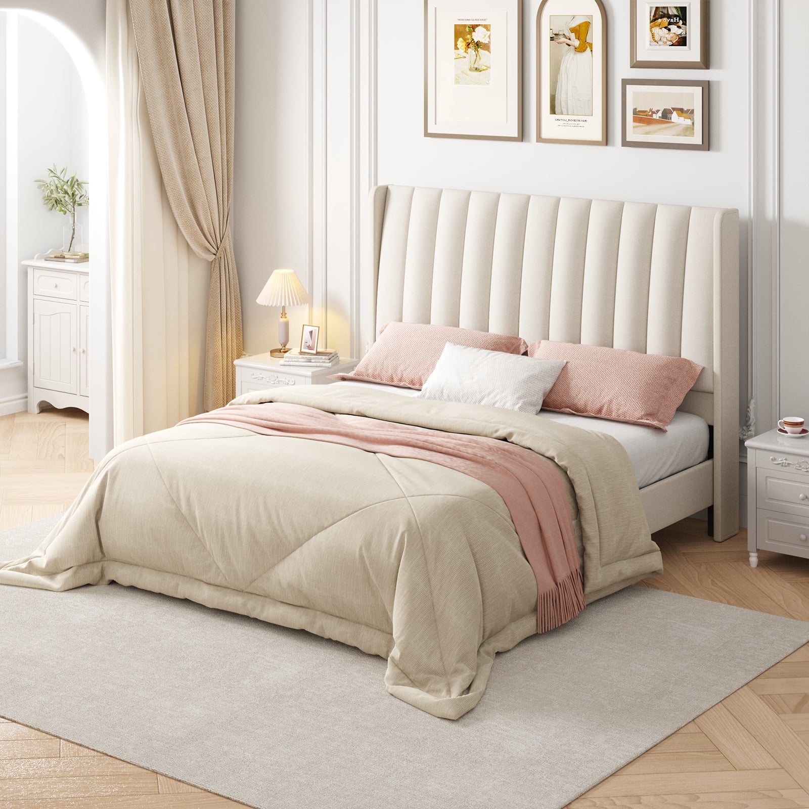 Queen Bed Frame, Upholstered Platform Bed Frame with Vertical Channel ...