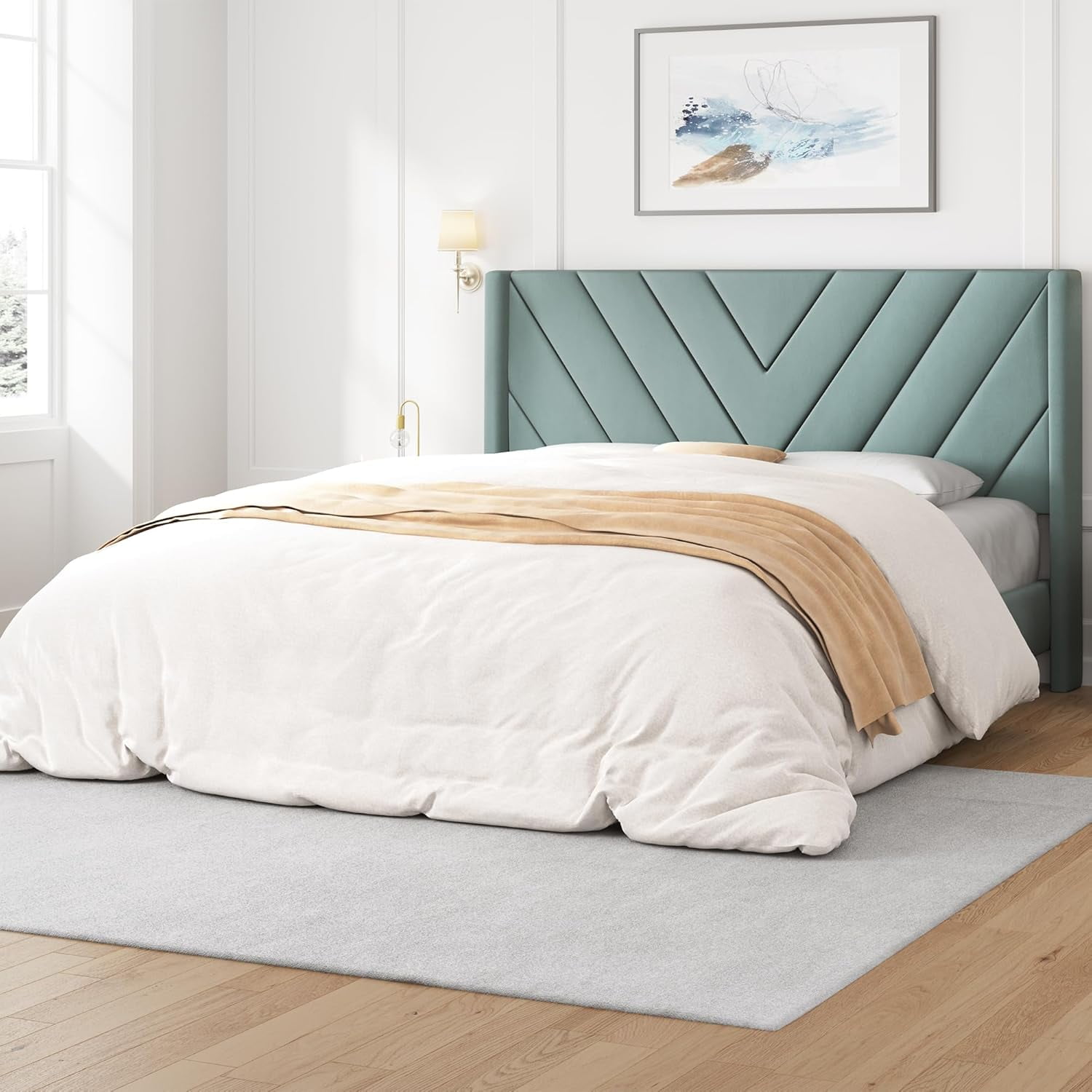 Queen Bed Frame Upholstered Platform Bed with Wing Side/Wooden Slat ...