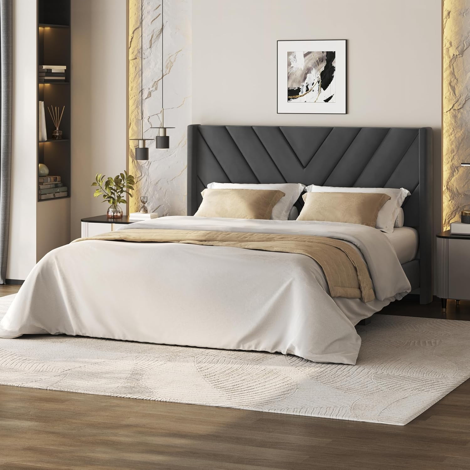 Queen Bed Frame Upholstered Platform Bed with Wing Side/Wooden Slat ...