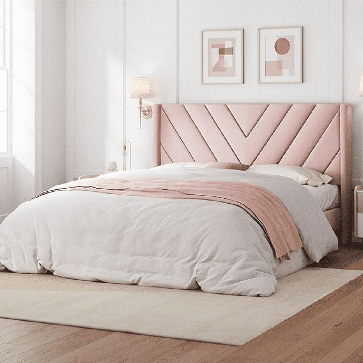 Queen Bed Frame Upholstered Platform Bed with Wing Side/Wooden Slat ...