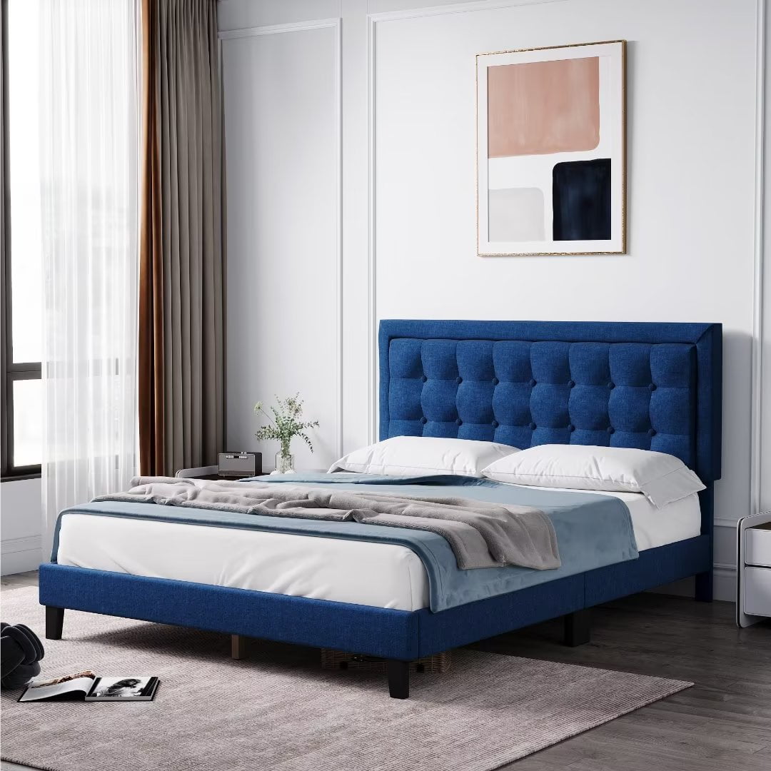 Queen Bed Frame, Upholstered Platform Bed with Button Tufted Headboard ...