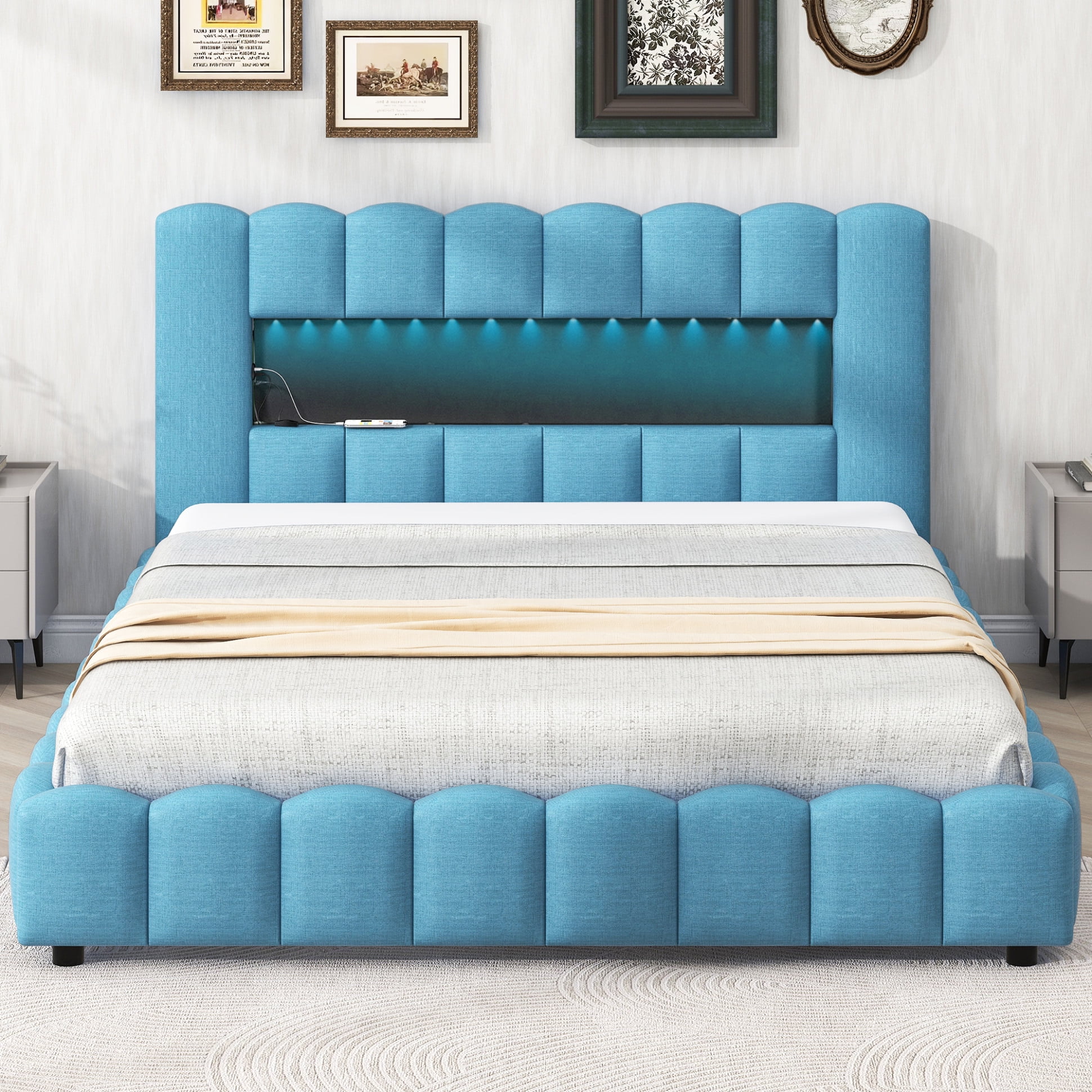 Queen Bed Frame, Upholstered Platform Bed with LED Headboard and USB ...