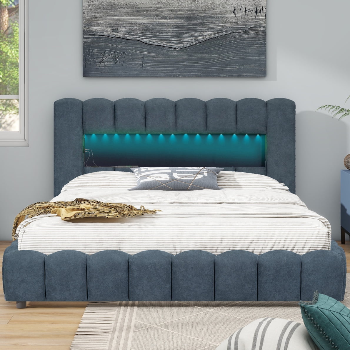 Queen Bed Frame, Upholstered Platform Bed with LED Headboard and USB ...