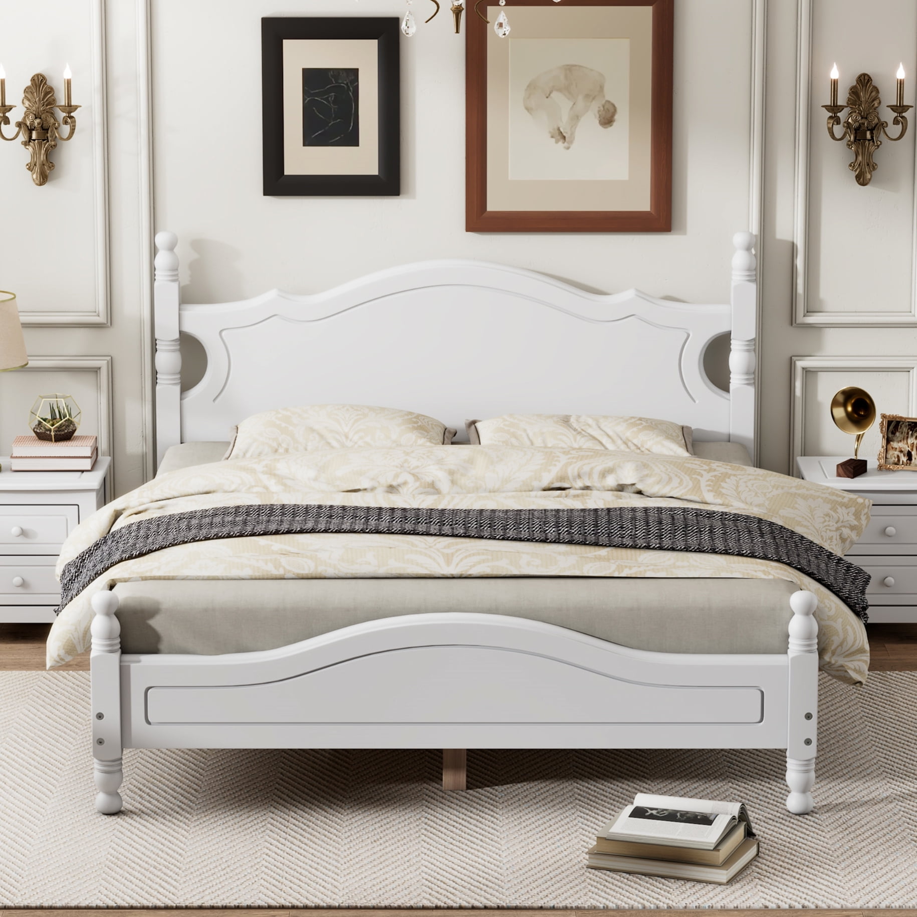Queen Bed Frame, White Retro Look With Solid Slat Support For Stability ...