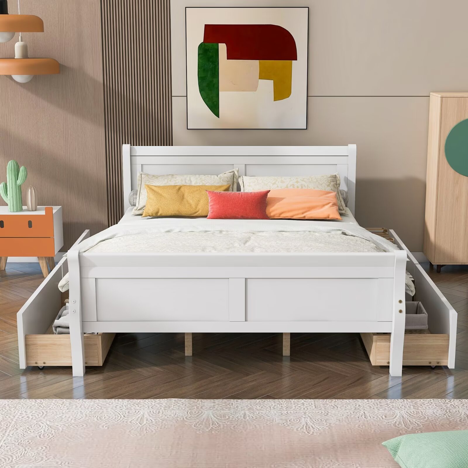 Queen Bed Frame, Wood Platform Bed with 4 Drawers and Streamlined ...