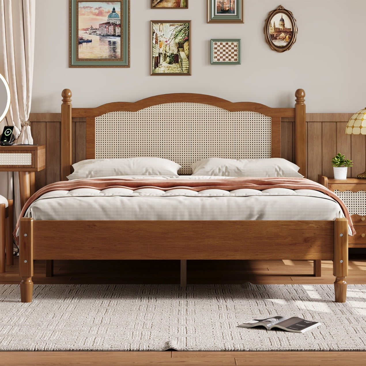 Queen Bed Frame, Wood Platform Bed Frame with Natural Rattan Headboard ...