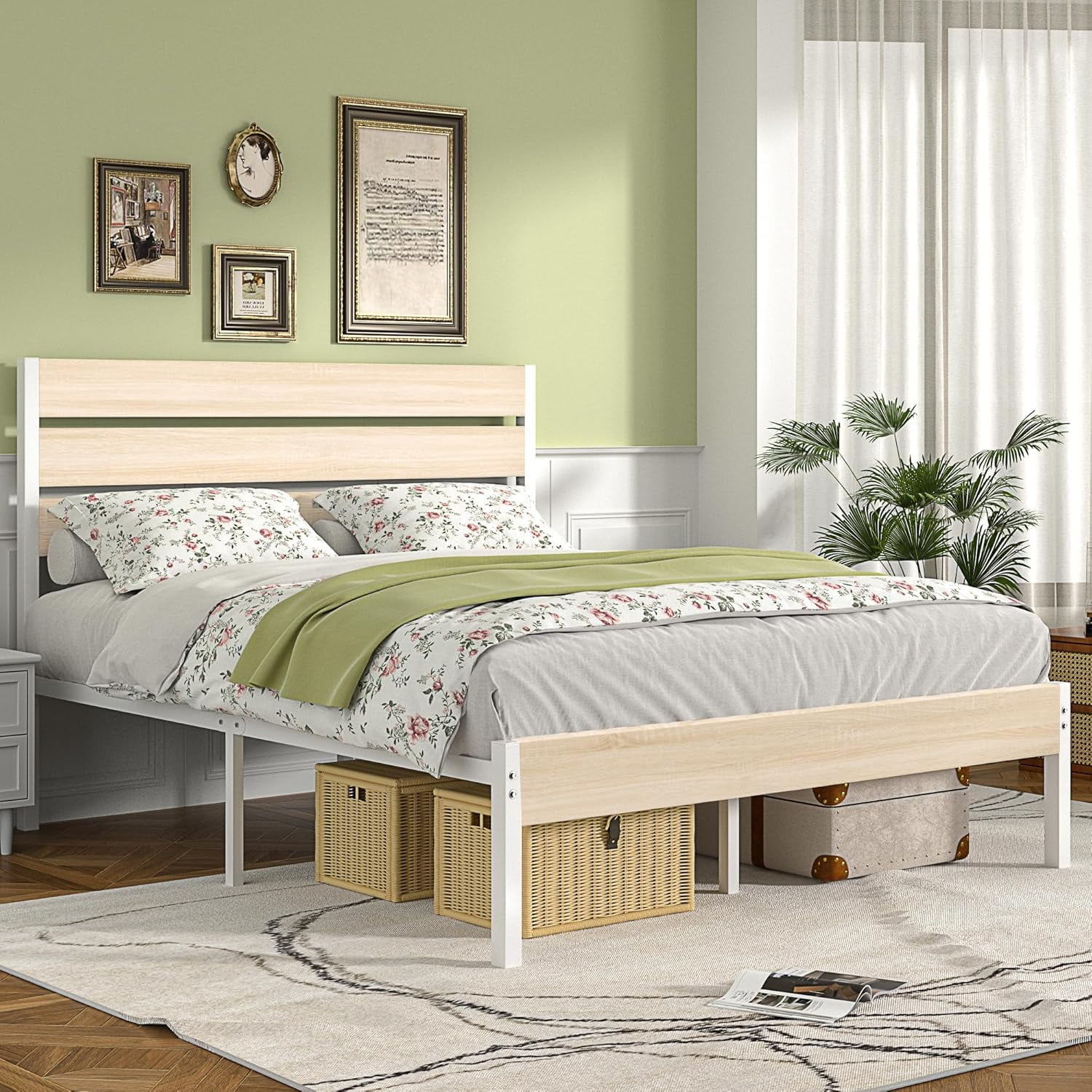 Queen Bed Frame with Wooden Headboard and Footboard, Heavy-Duty ...