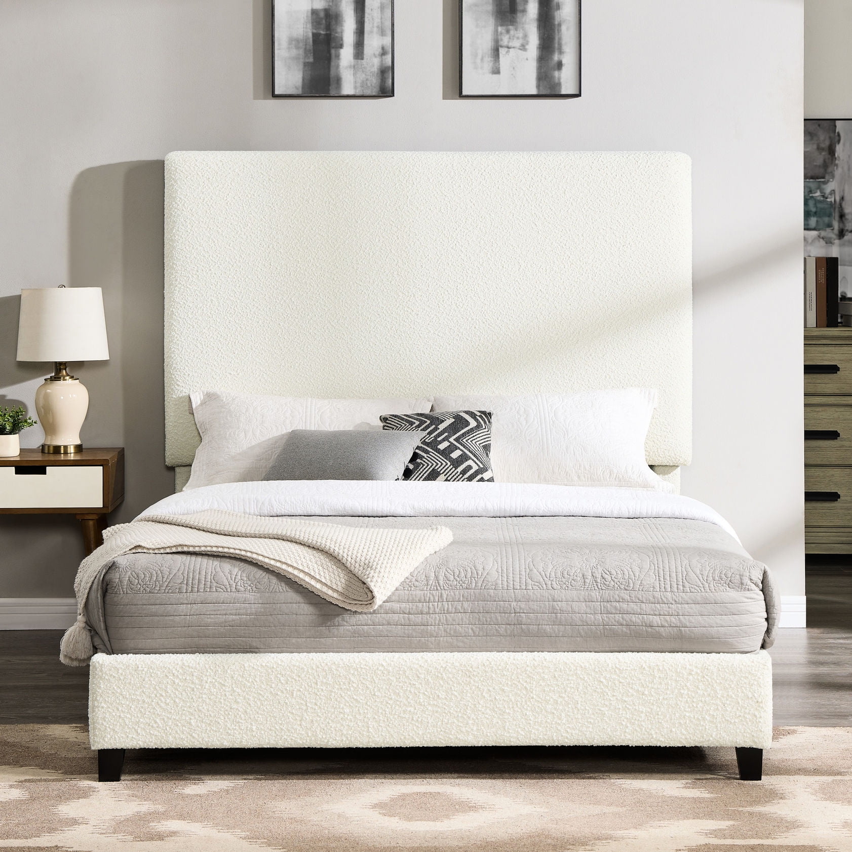 Queen Bed Frame in White Boucle Fabric / Adds Sophistication to Bedroom ...