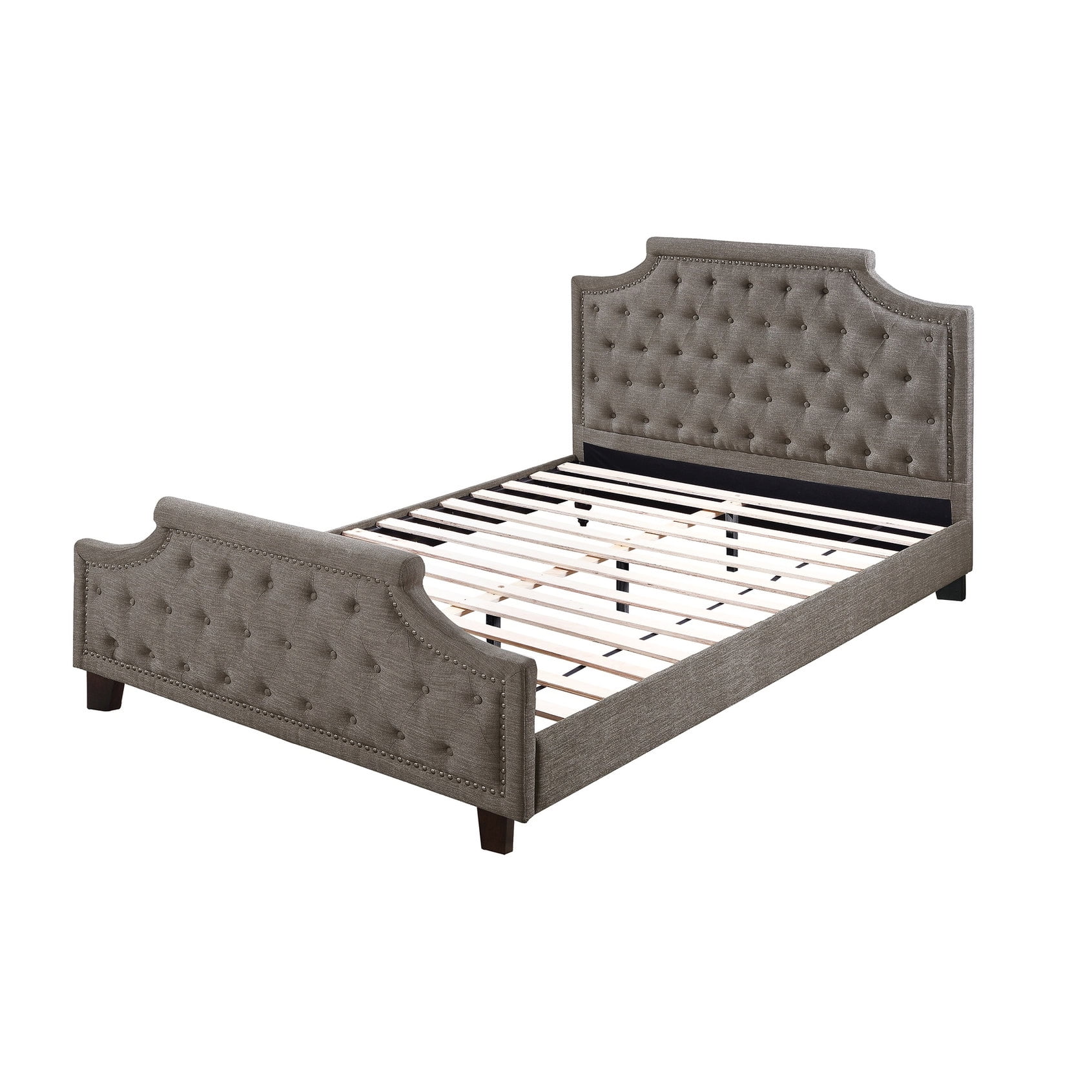 Queen Bed Frame of Brown Polyfiber | Button Tufted, Contemporary ...
