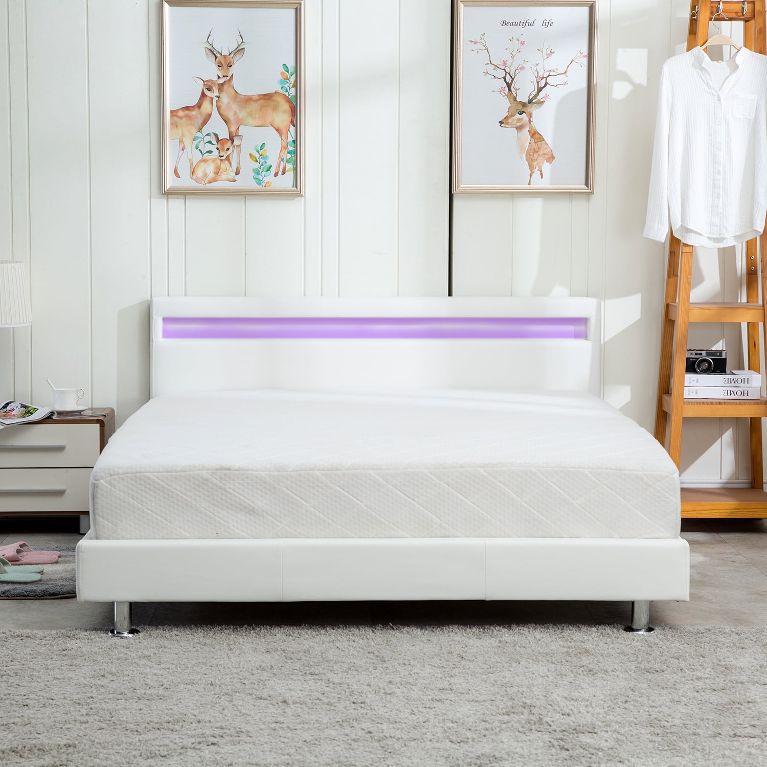 Queen Bed Frame w/ LED Light Headboard Bedroom Upholstered Platform ...