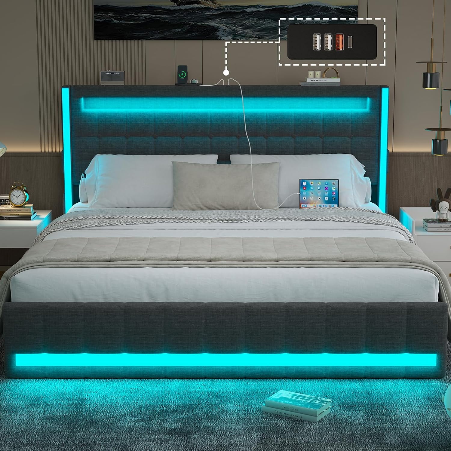 Queen Size Bed Frame with Adjustable Headboard, LED Lights, USB ...