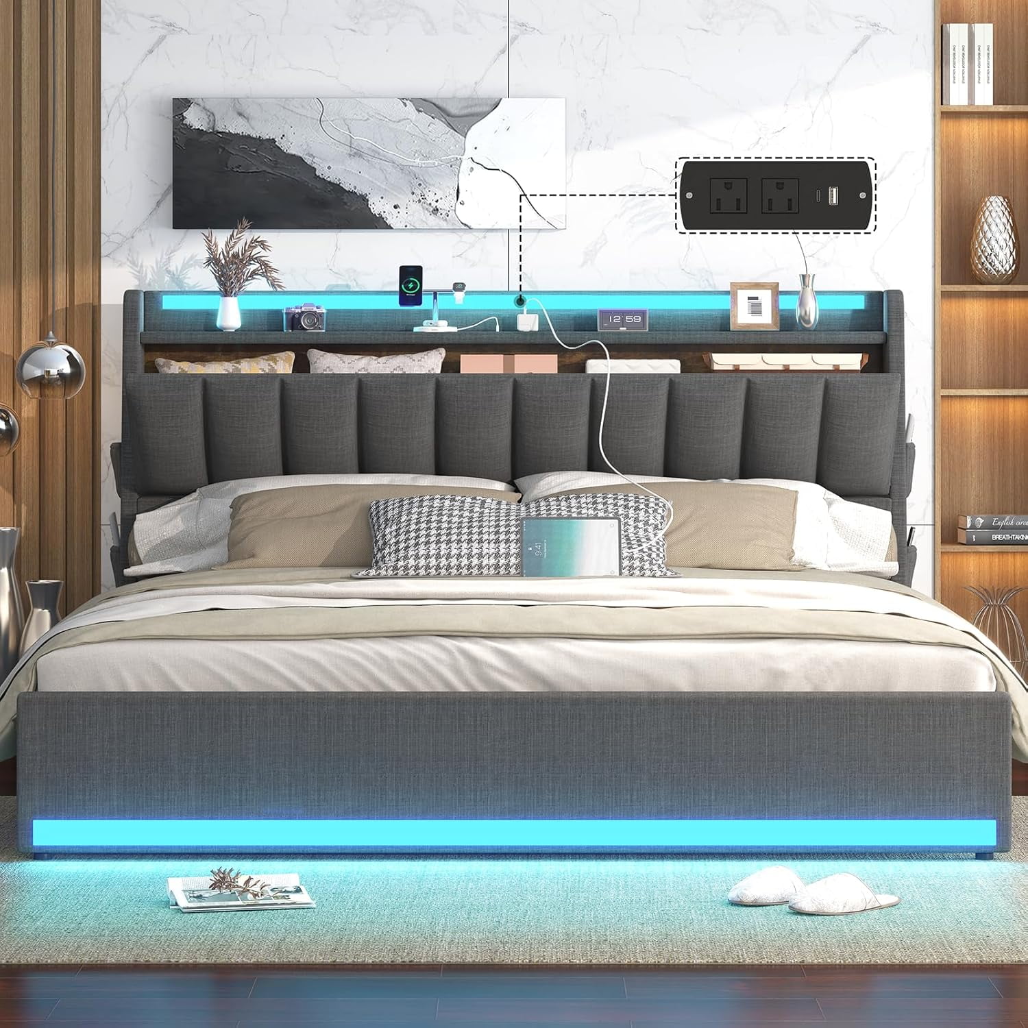 Queen Bed Frame with Charging Station,RGB LED Light,Upholstered ...