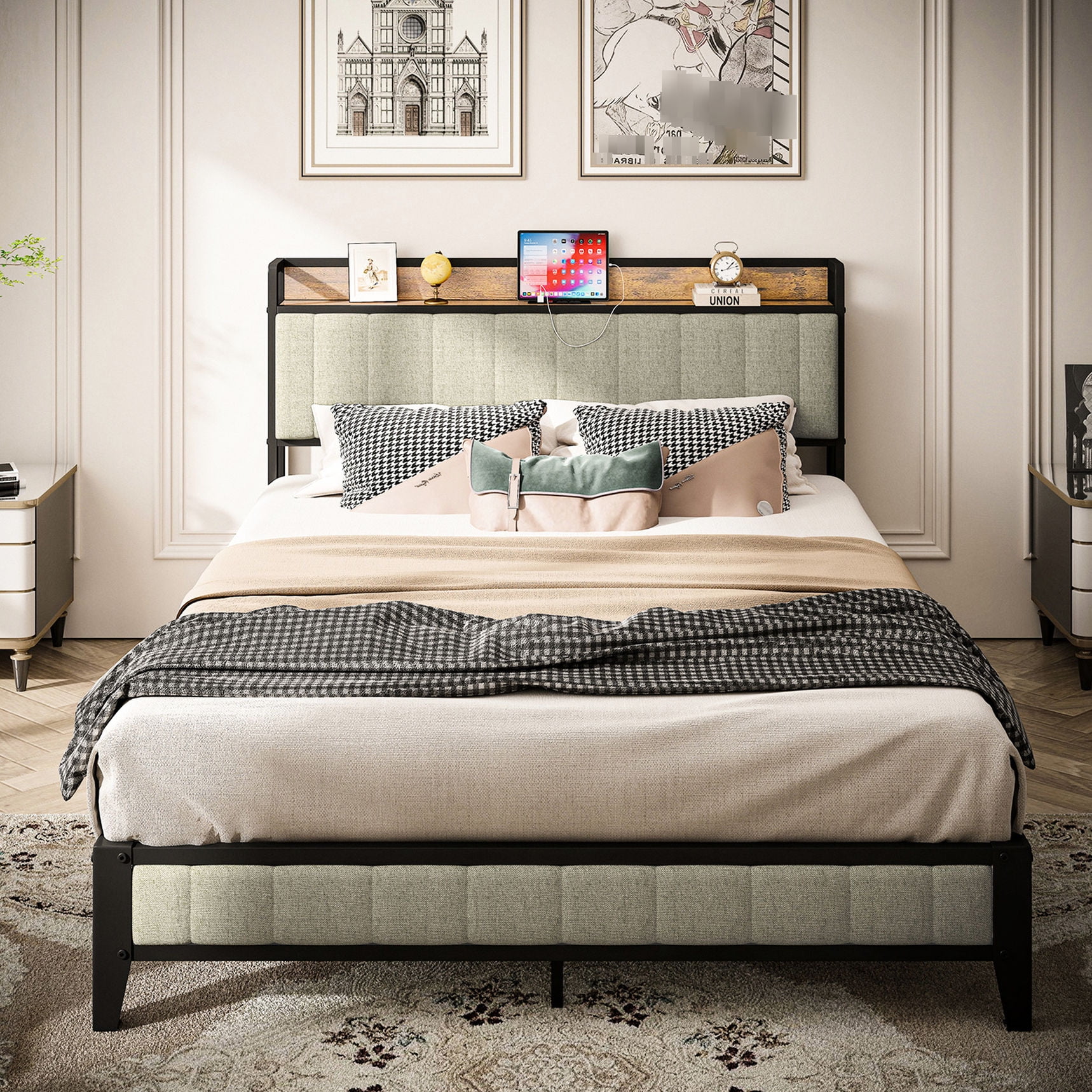 Queen Bed Frame with Grey Linen Upholstered Headboard and Charging ...