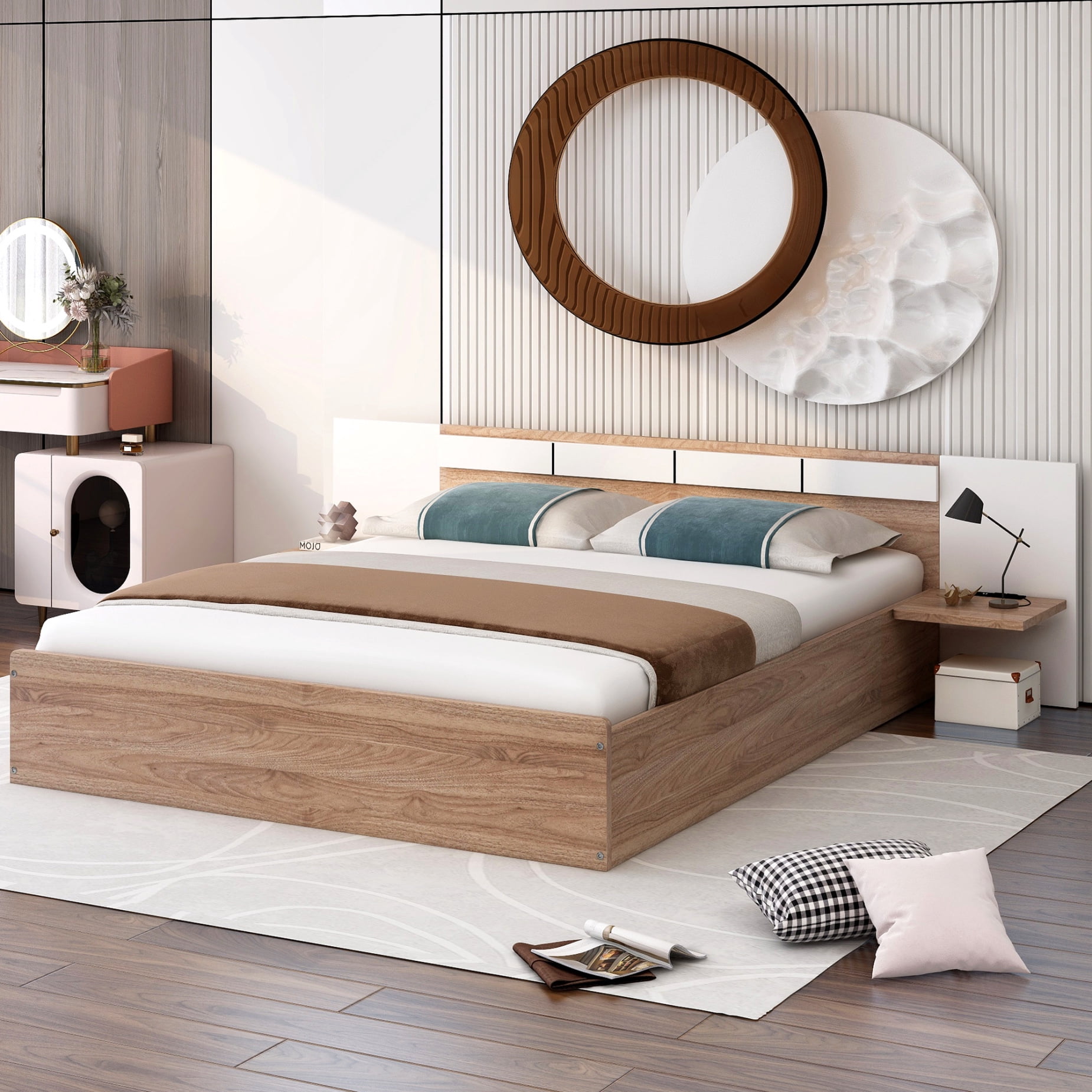 Queen Bed Frame with Headboard, Platform Bed Frame with Shelves, USB ...