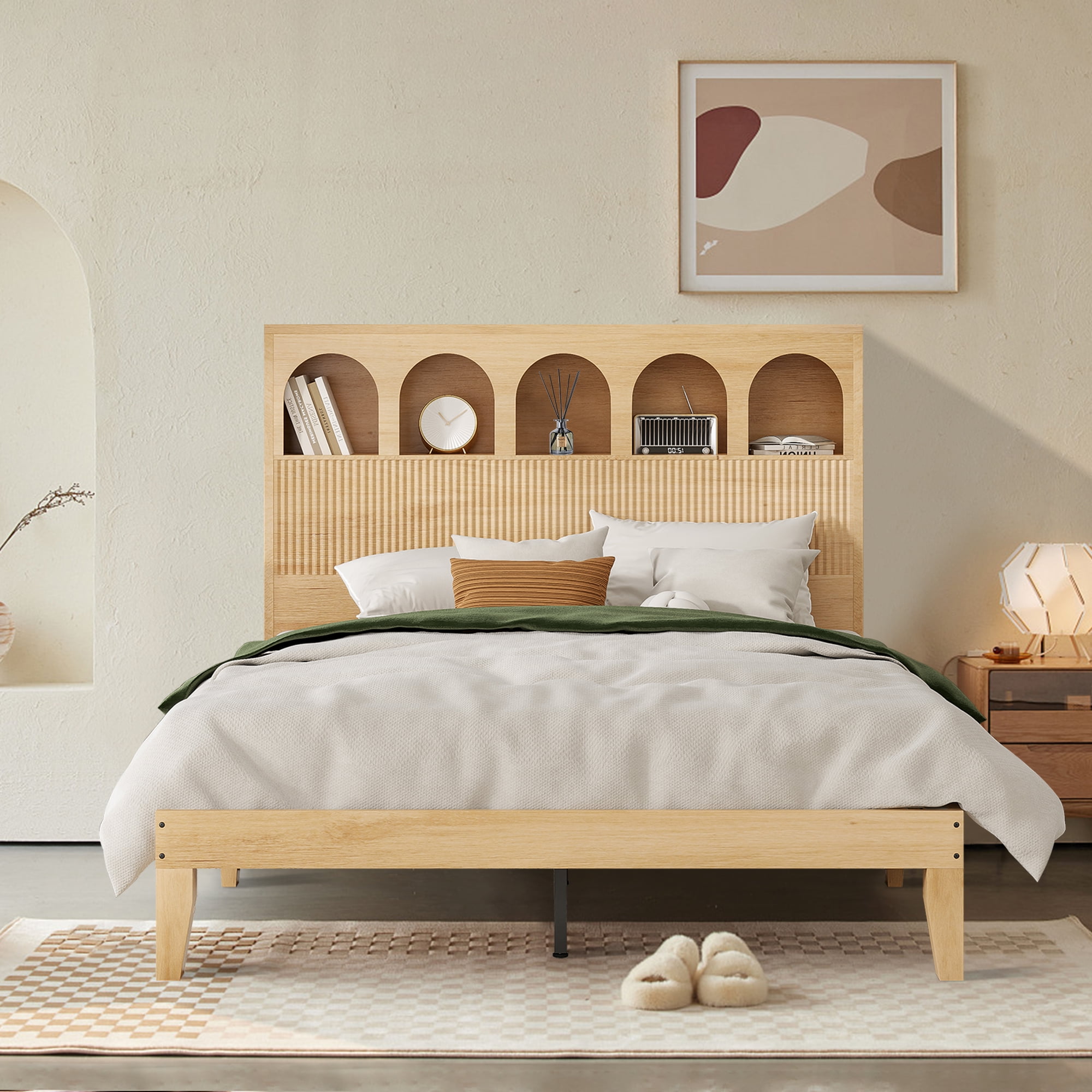 Queen Bed Frame with Headboard and Storage, Farmhouse Wooden Queen Bed ...