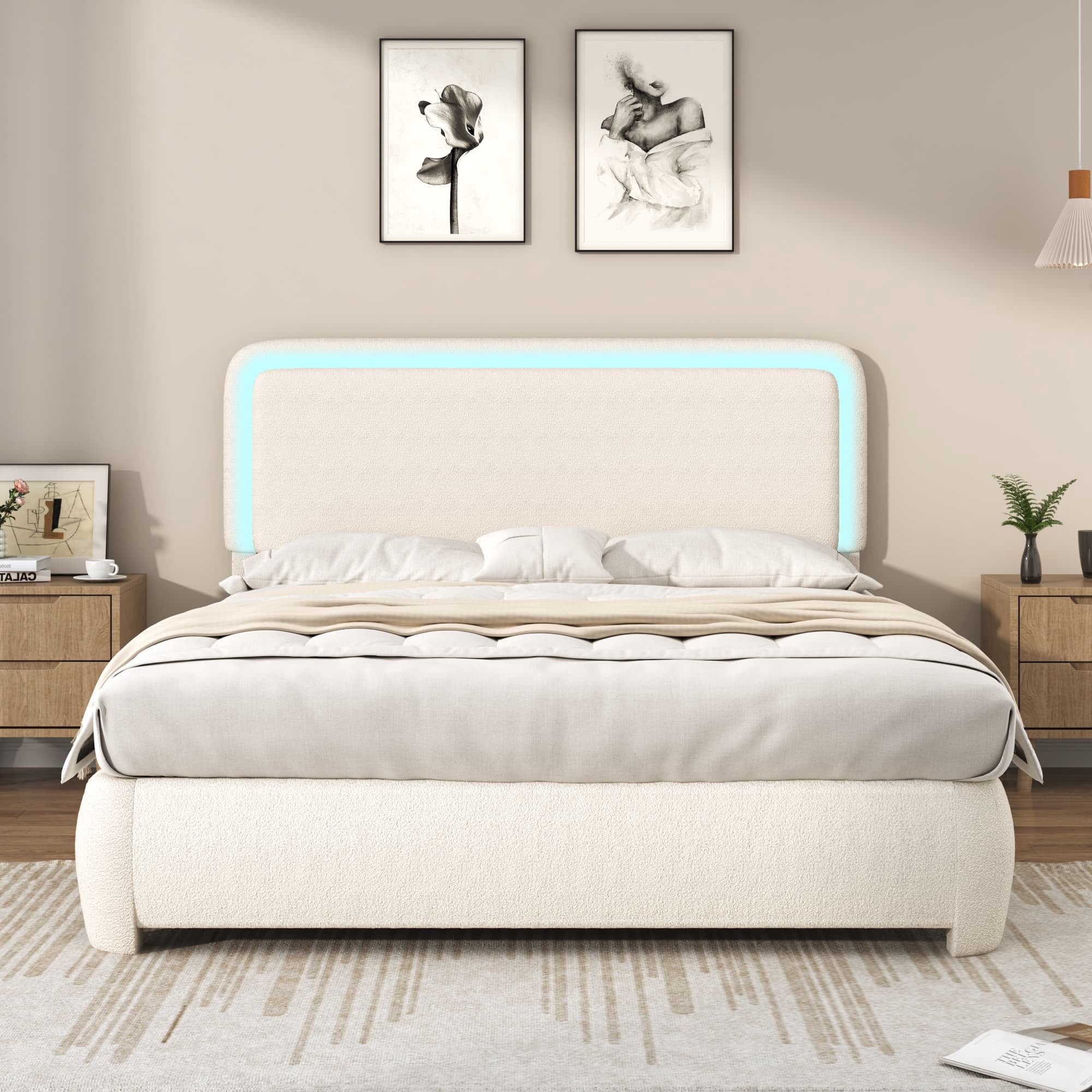 Queen Bed Frame with LED Light, Boucle Upholstered Platform Bed with ...