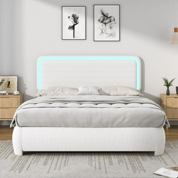Queen Bed Frame with LED Light, Boucle Upholstered Platform Bed with ...