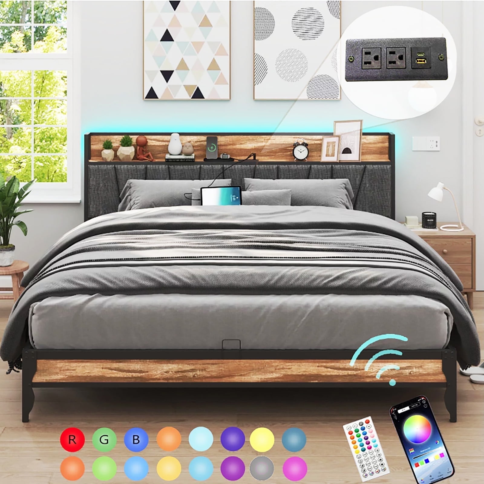 Queen Bed Frame with LED Light, Power Outlets & USB Charging Port ...