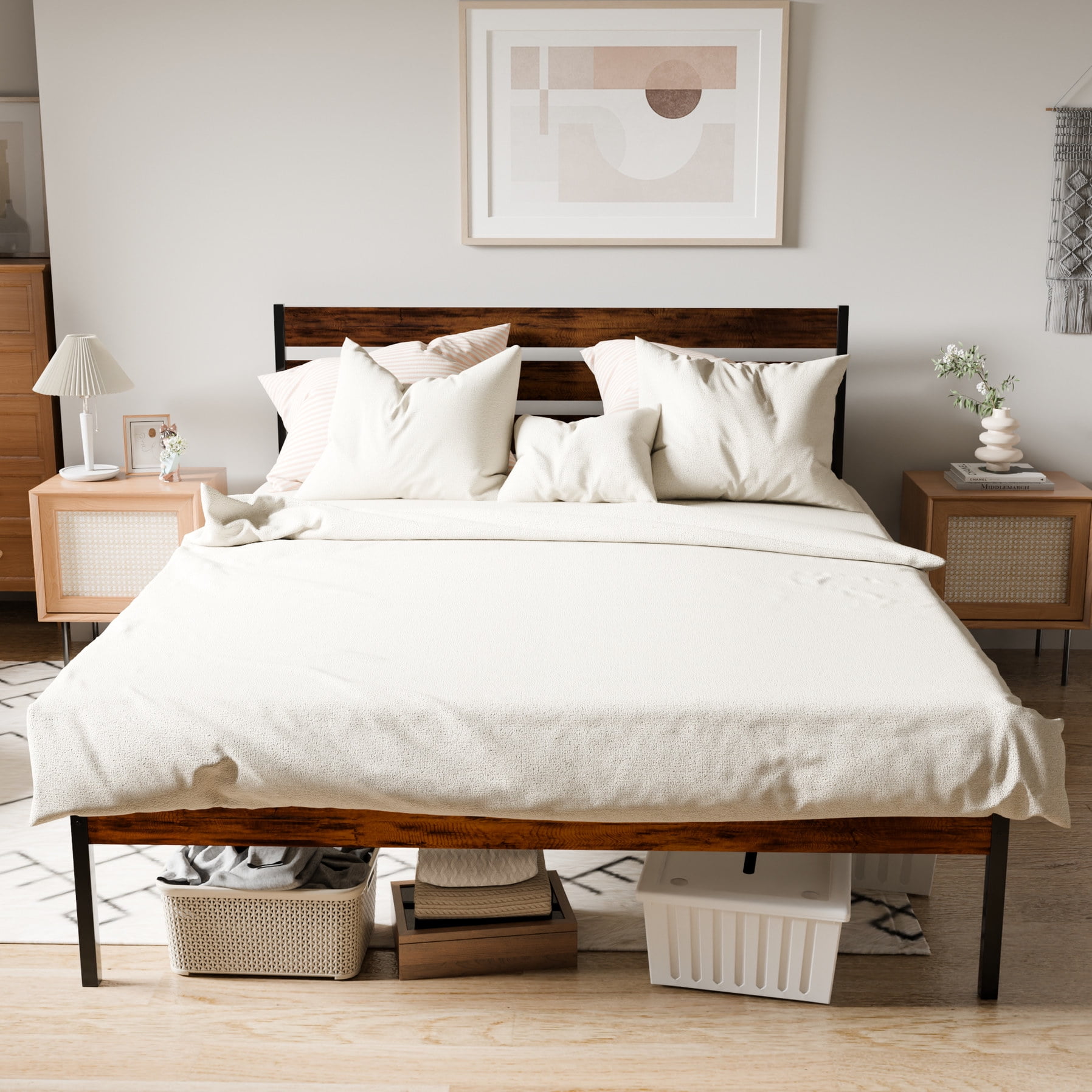 Queen Bed Frame with Modern Industrial Style | Easy Assembly, Under-Bed ...