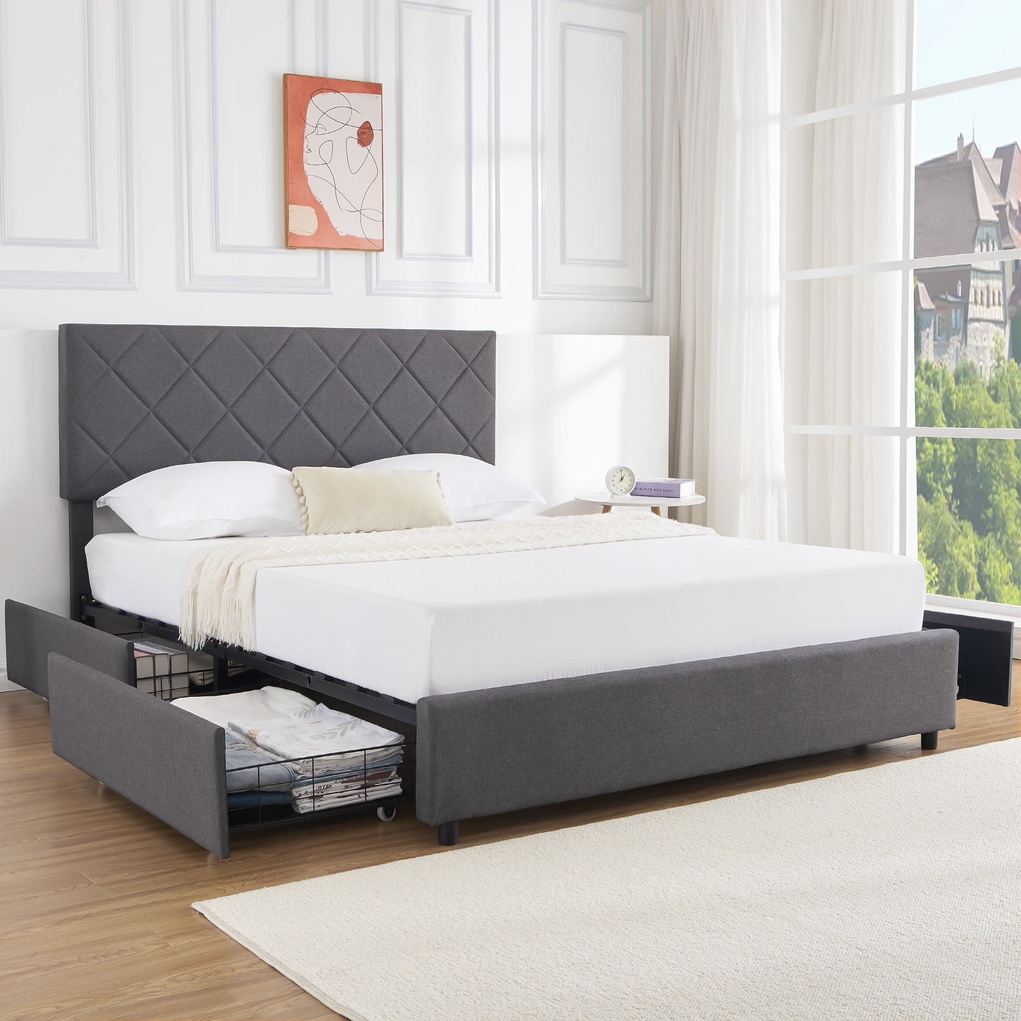 Queen Bed Frame with Storage Drawers, Adjustable Headboard ...