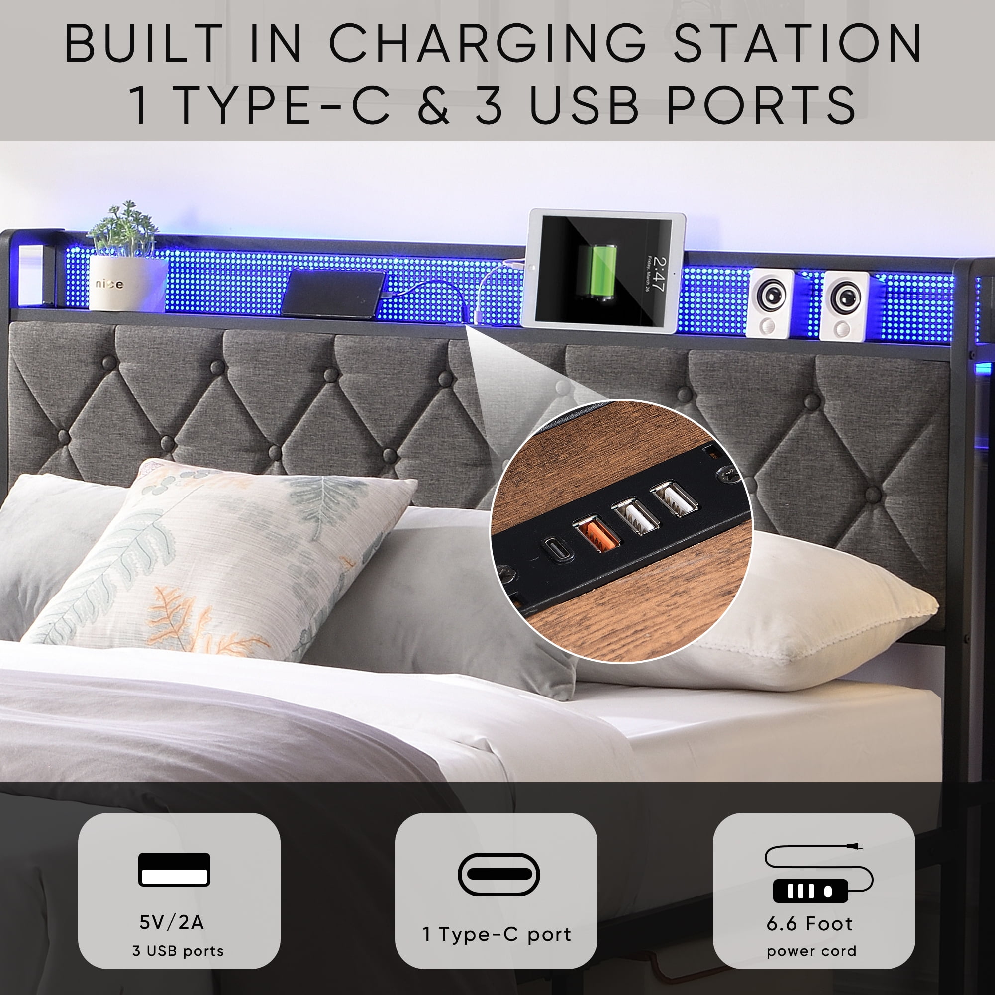 Queen Bed Frame with Storage Headboard Charging Station LED Lights ...