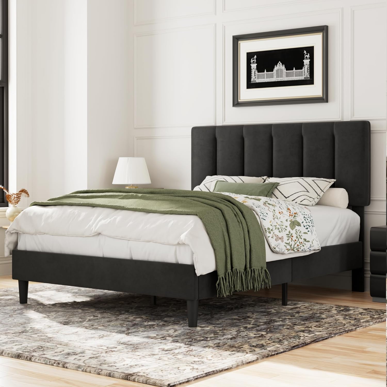 Queen Bed Frame with Upholstered Headboard, Heavy-Duty Platform ...