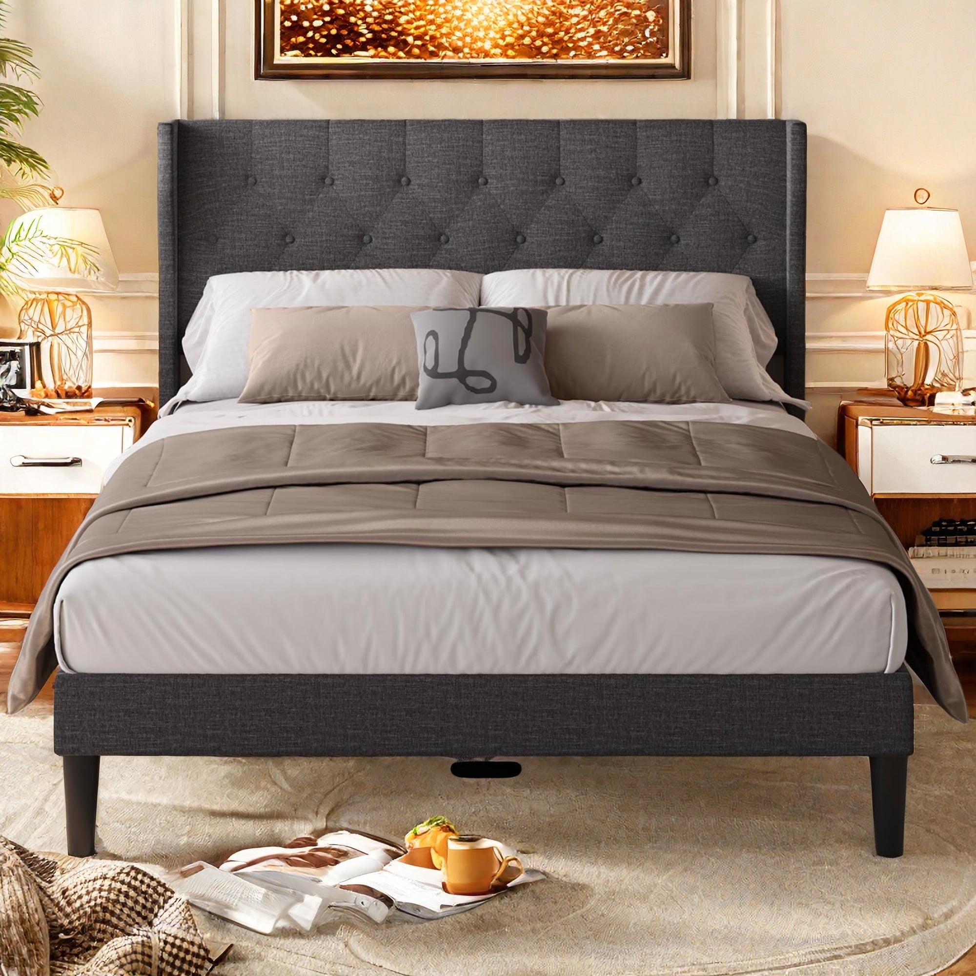 Queen Bed Frame with Upholstered Wingback Headboard and Velcro Assembly ...
