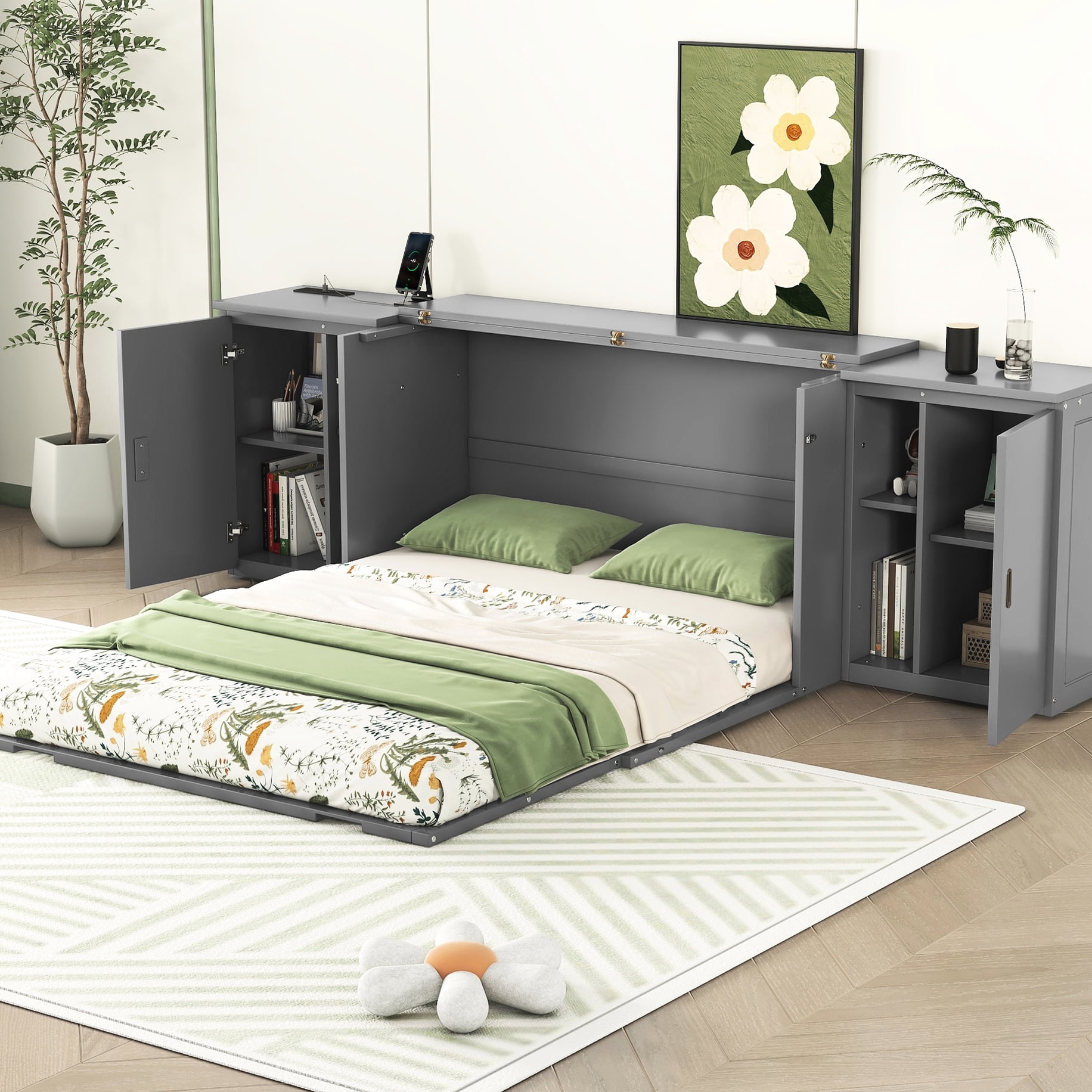 Queen Bed Gray With Extra Shelves And Cabinets, Ports For Continuous ...