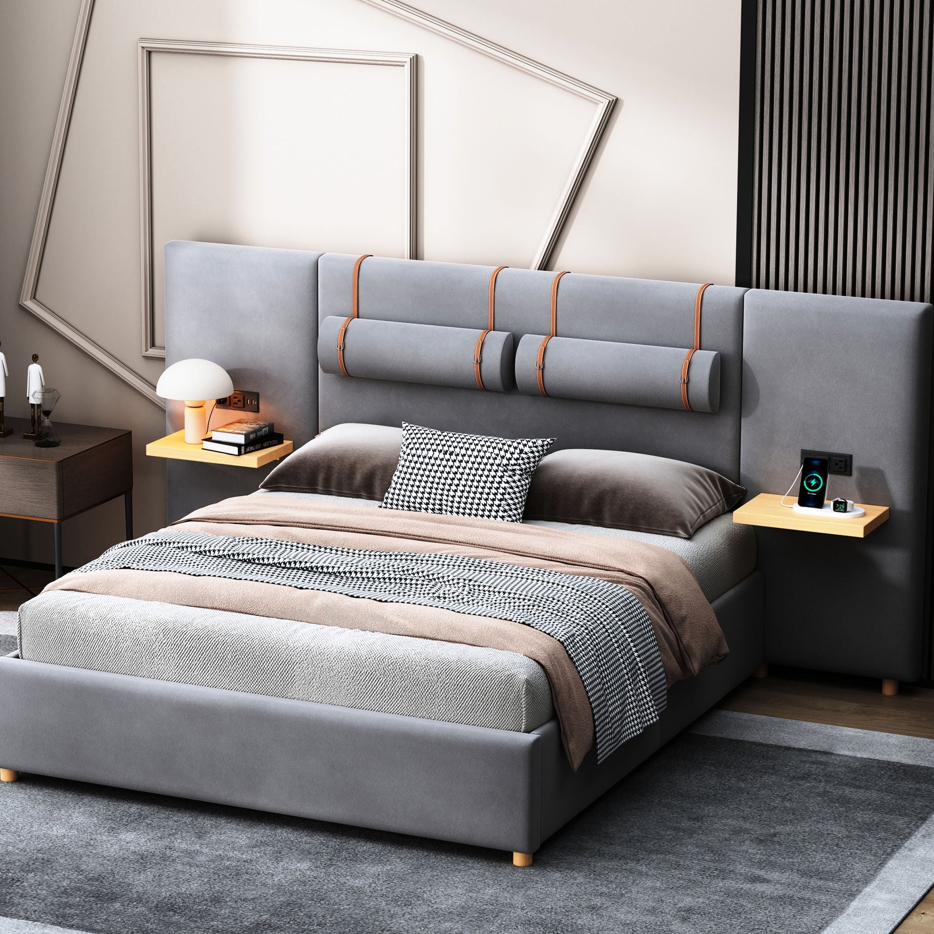 Queen Bed, Plush Headboard and Charging Ports - Cozy and Functional ...