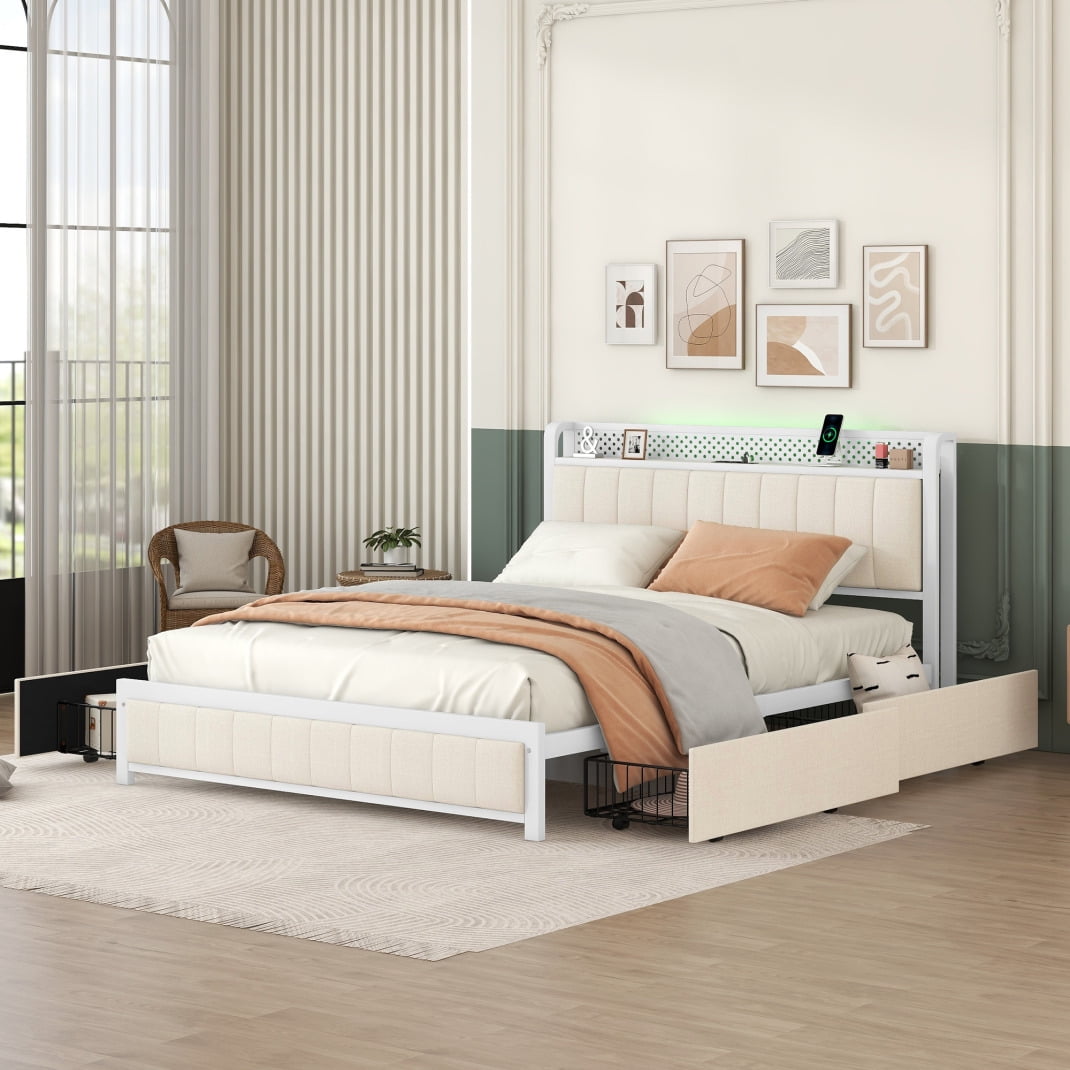 Queen Bed ,Queen Bed Frame with LED Headboard and 4 Storage Drawers and ...