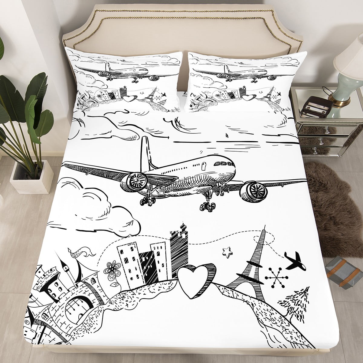 Queen Bed Sheets Airplane Fitted Sheet Hand Drawn House Hemisphere ...