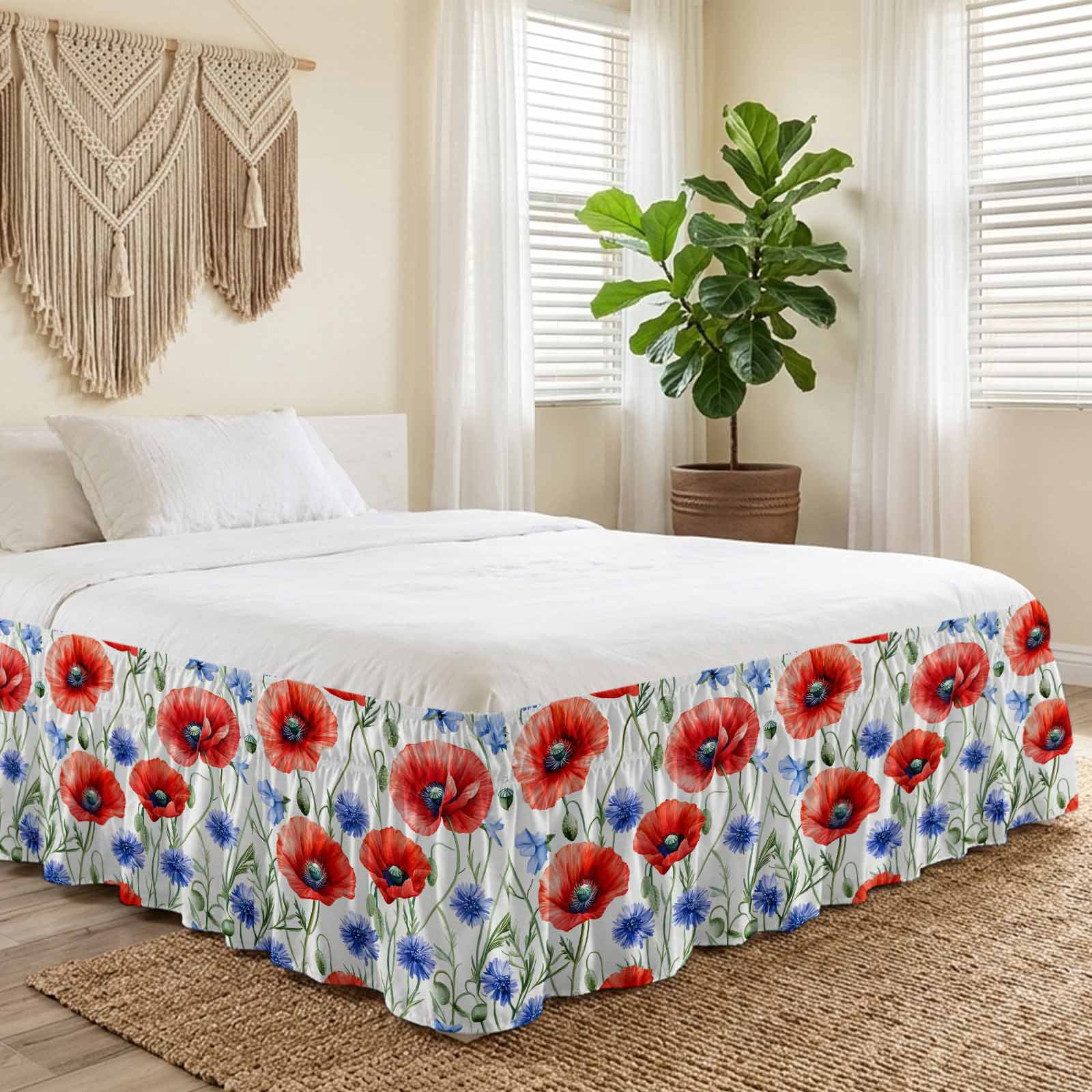 Queen Bed Skirt 16 Inch Drop, Country Blue Red Flowers Leaves Easy Fit ...