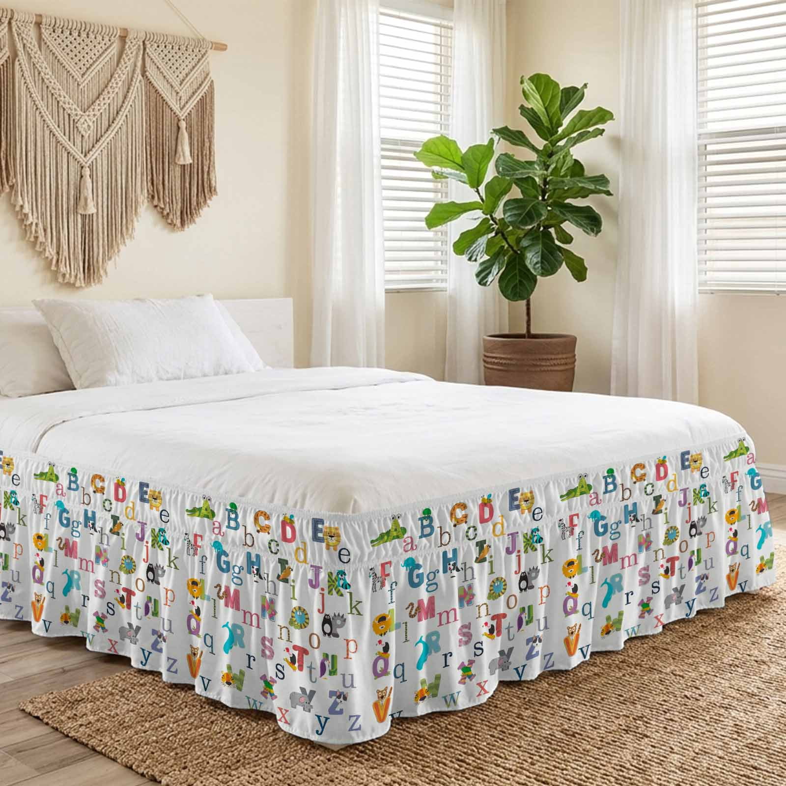 Queen Bed Skirt 16 Inch Drop, English Alphabet Cartoon Animal Easy Fit ...