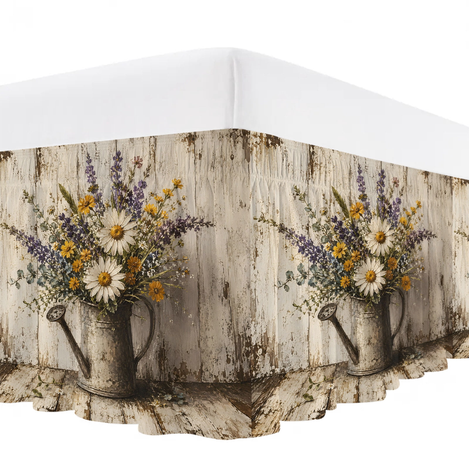 Queen Bed Skirt 16 Inch Drop, Farmhouse White Daisy Flowers Easy Fit ...