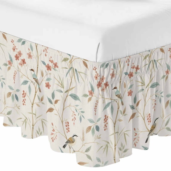 Queen Bed Skirt 16 Inch Drop, Rustic Tree Branch Bird Flower Easy Fit ...