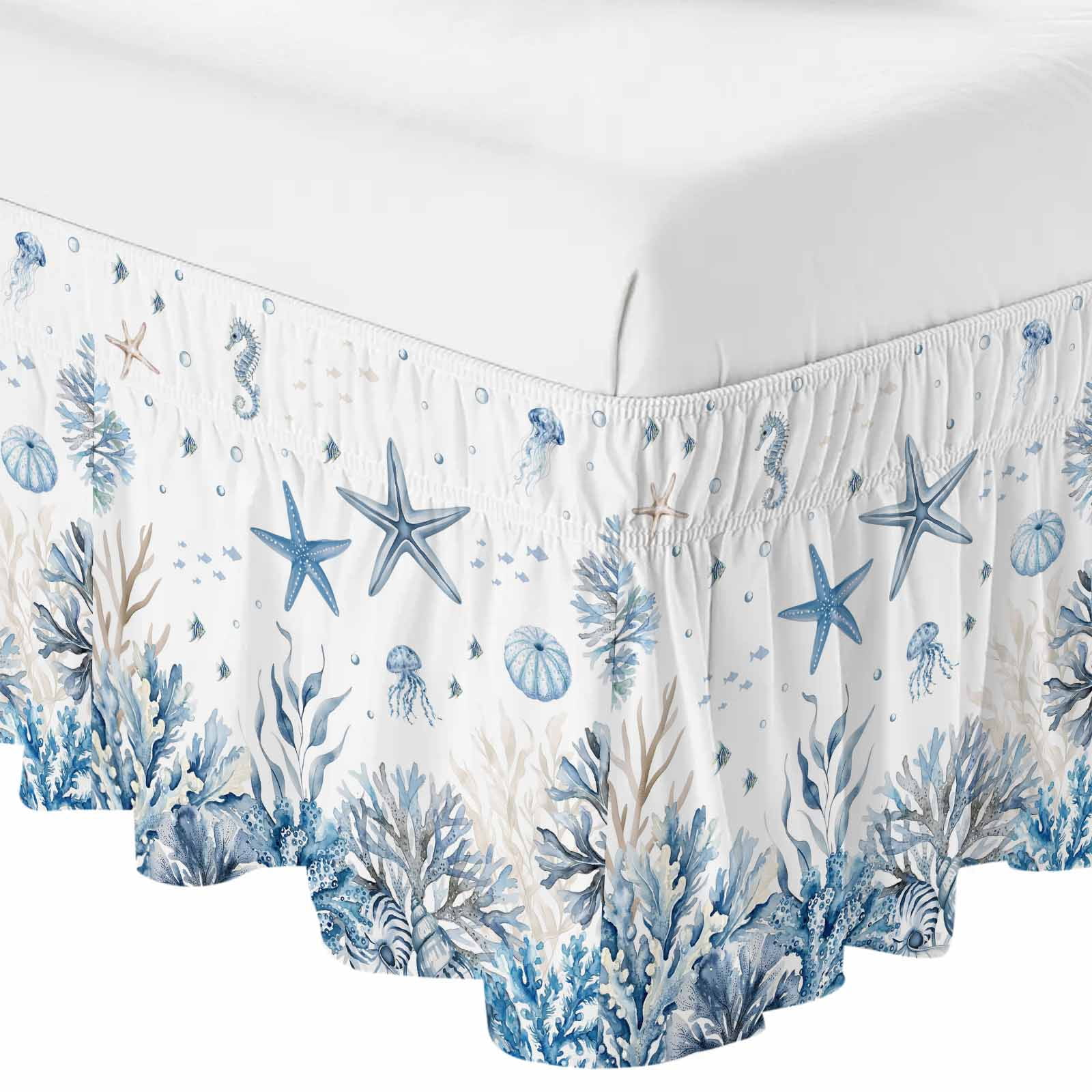 Queen Bed Skirt 16 Inch Drop, Watercolor Ocean Starfish Coral Easy Fit ...