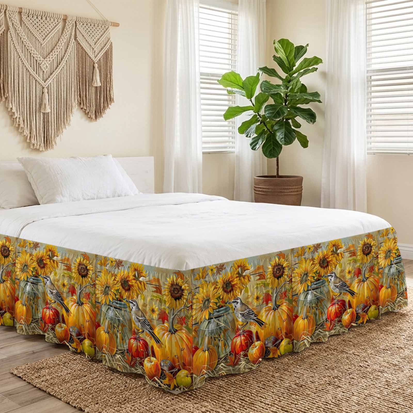 Queen Bed Skirt 18 Inch Drop, Bird Pumpkin Fall Thanksgiving Pumpkin ...