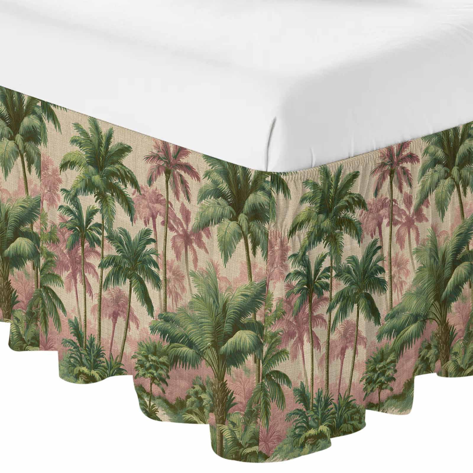 Queen Bed Skirt 18 Inch Drop, Exotic Forest Green Pink Palms Tree Easy ...