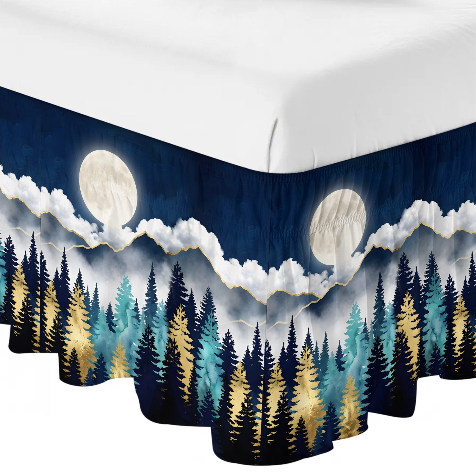 Queen Bed Skirt 18 Inch Drop, Moonlit Night Forest Mountains Easy Fit ...