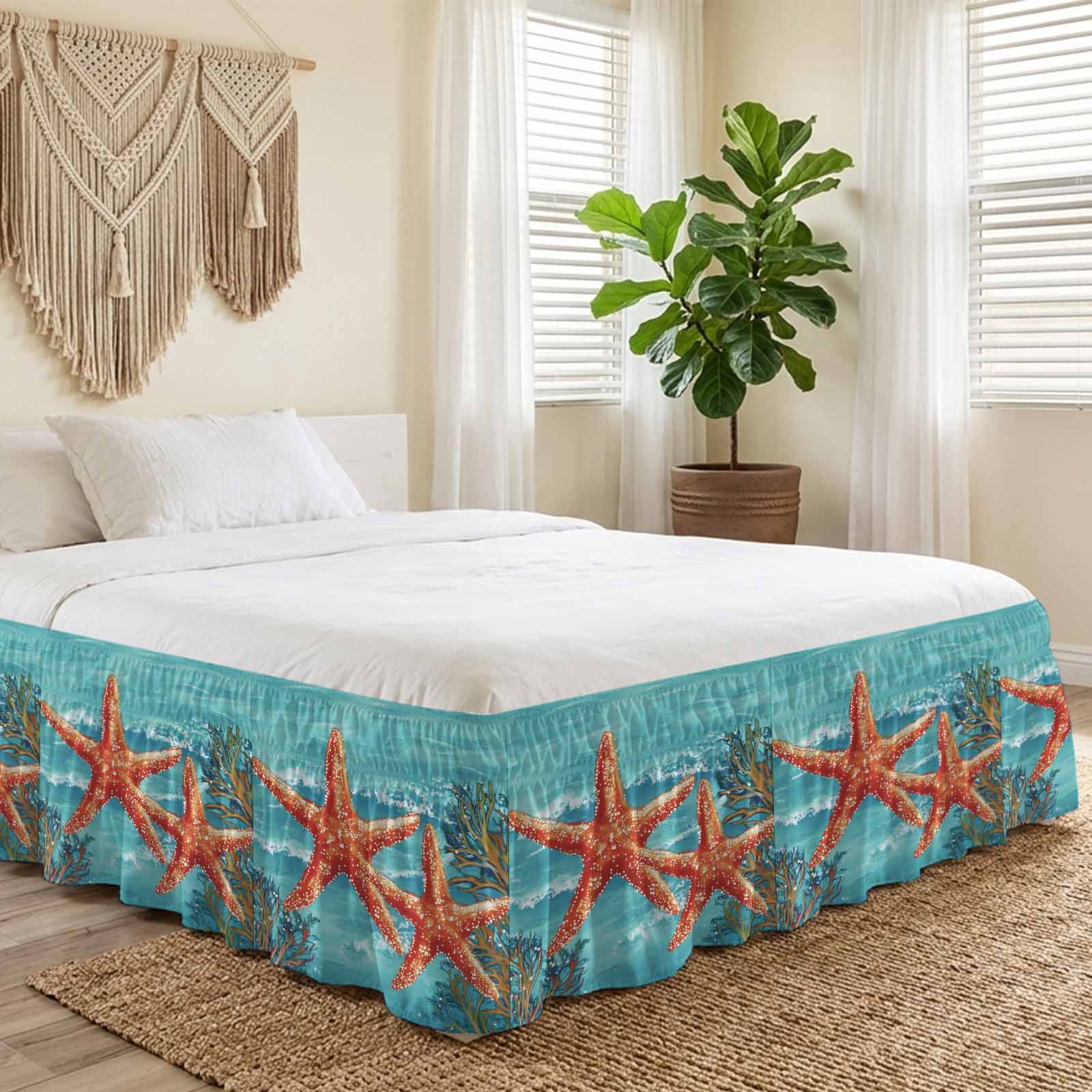 Queen Bed Skirt 18 Inch Drop, Watercolor Ocean Starfish Coral Easy Fit ...