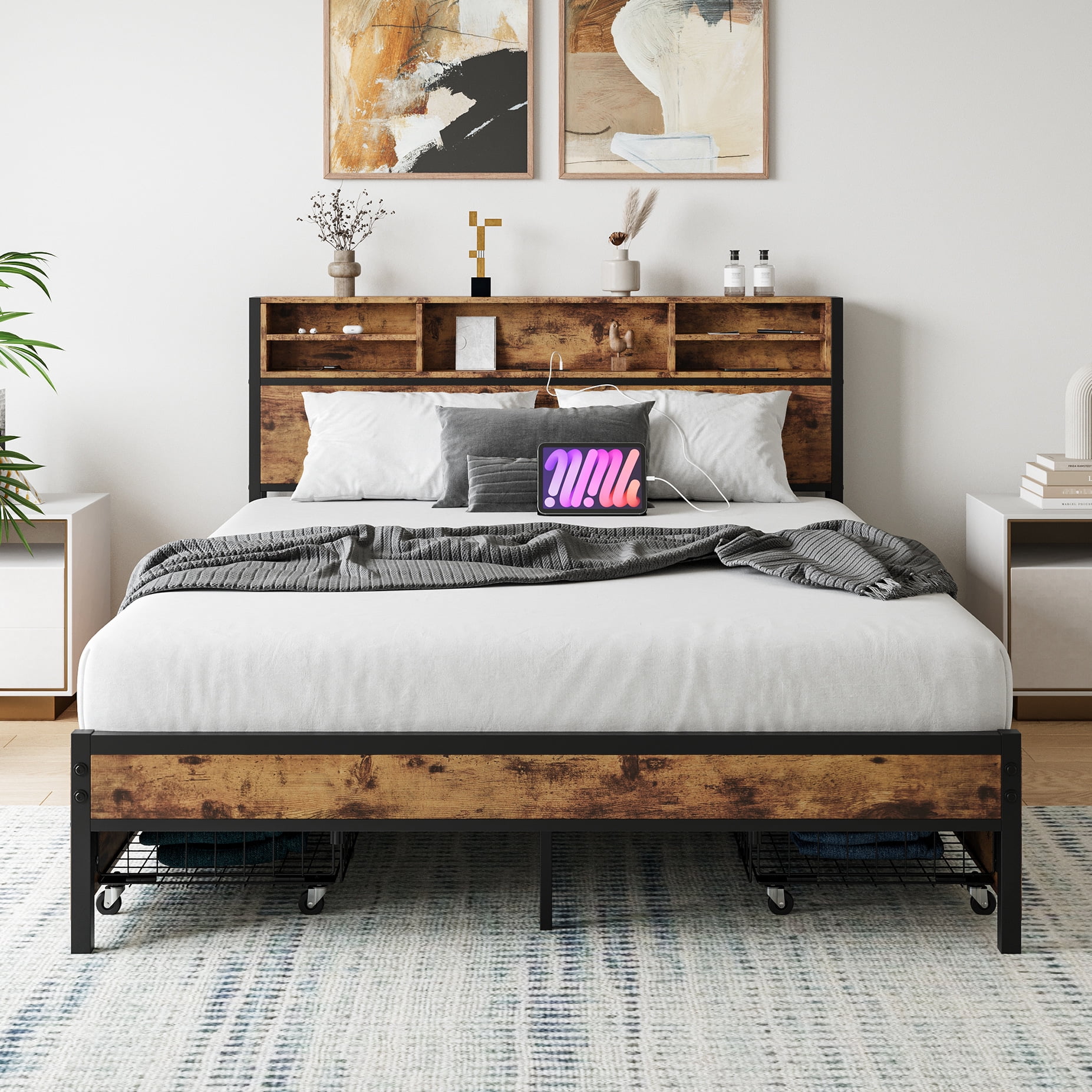 Queen Bed With Storage & Headboard, Metal Construction, Charging Socket ...
