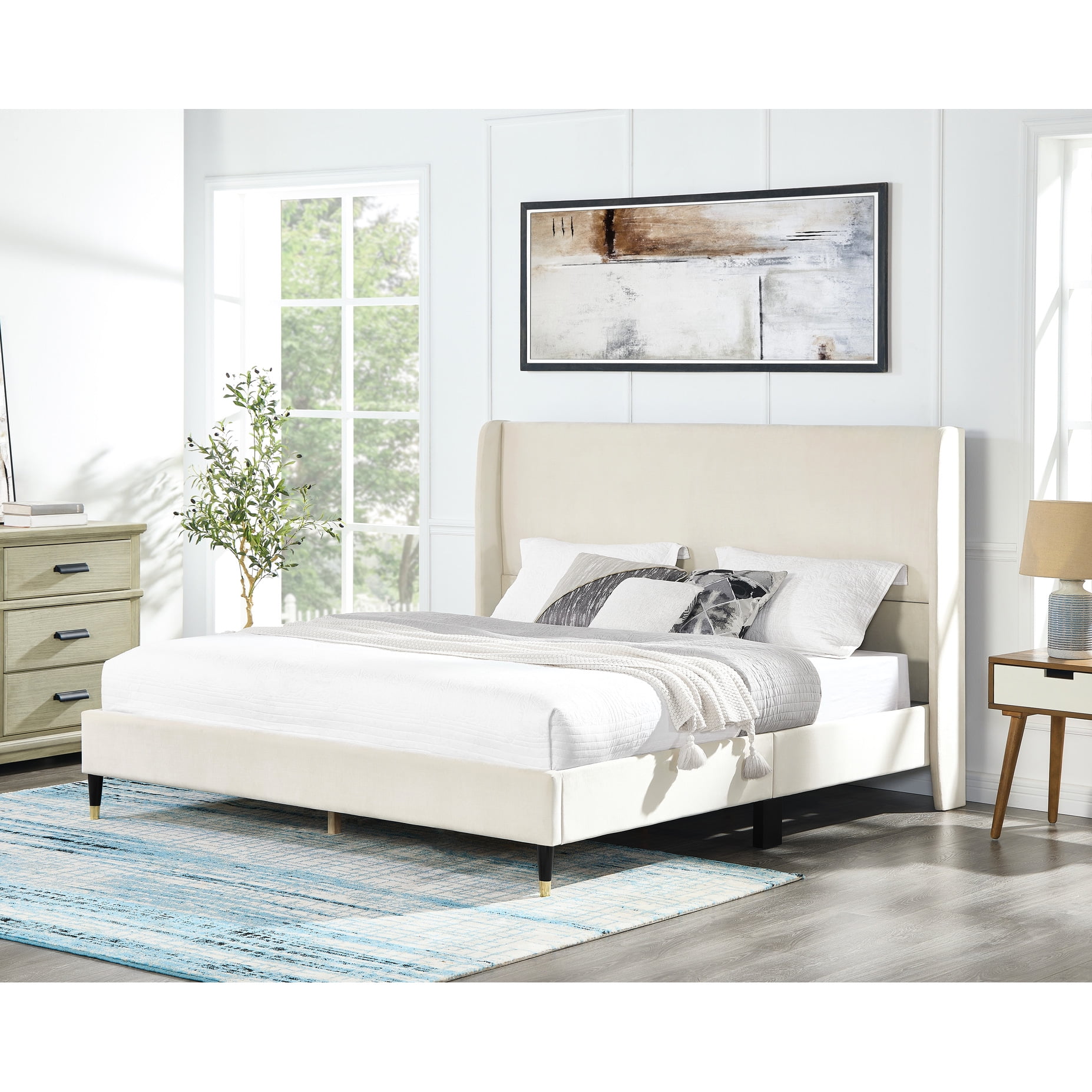 Queen Bed With Beige Velvet Wingback Headboard, Long-lasting Use ...