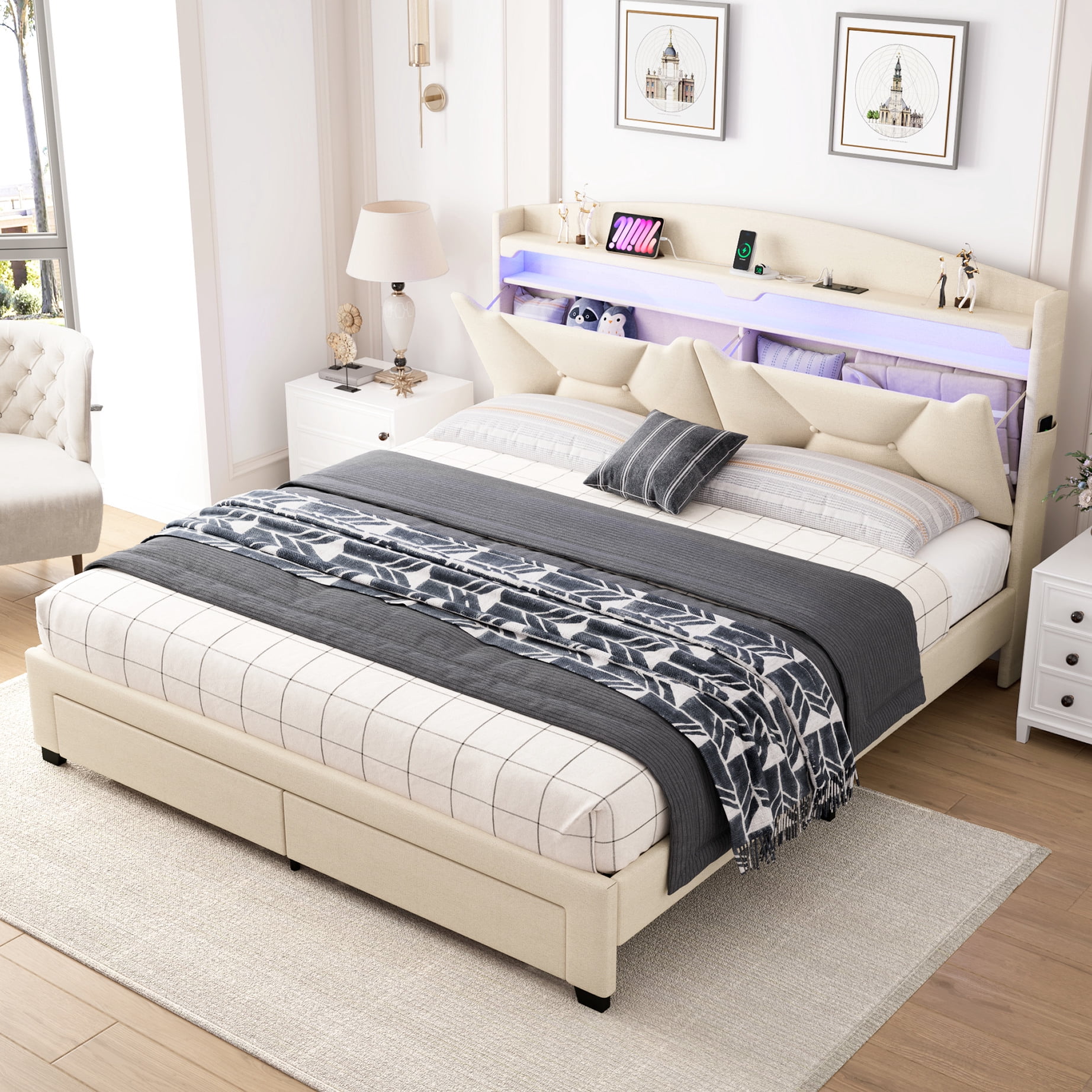 Queen Bed With Storage Headboard & Remote - Skin- Material Poplar Wood ...