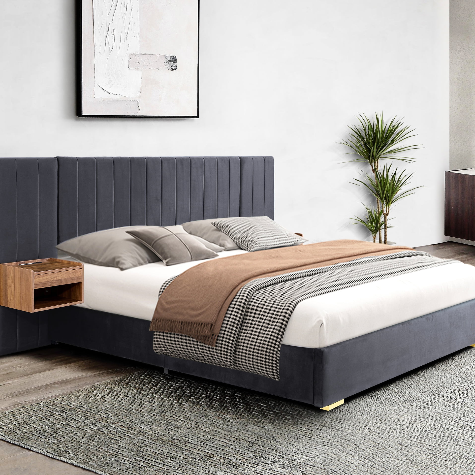 Queen Bed With Velvet Headboard And Minimalist Floating Nightstand ...