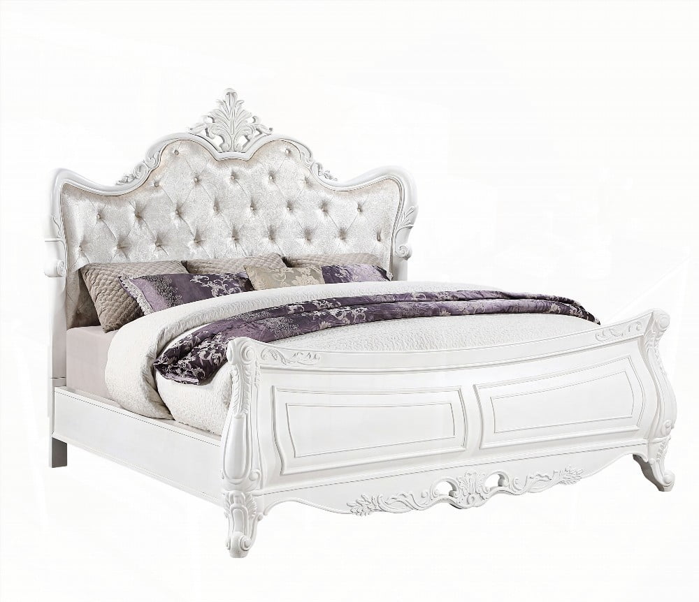 Queen Bed in Modern Opulence Style, Made of Wood with Pearl White and ...