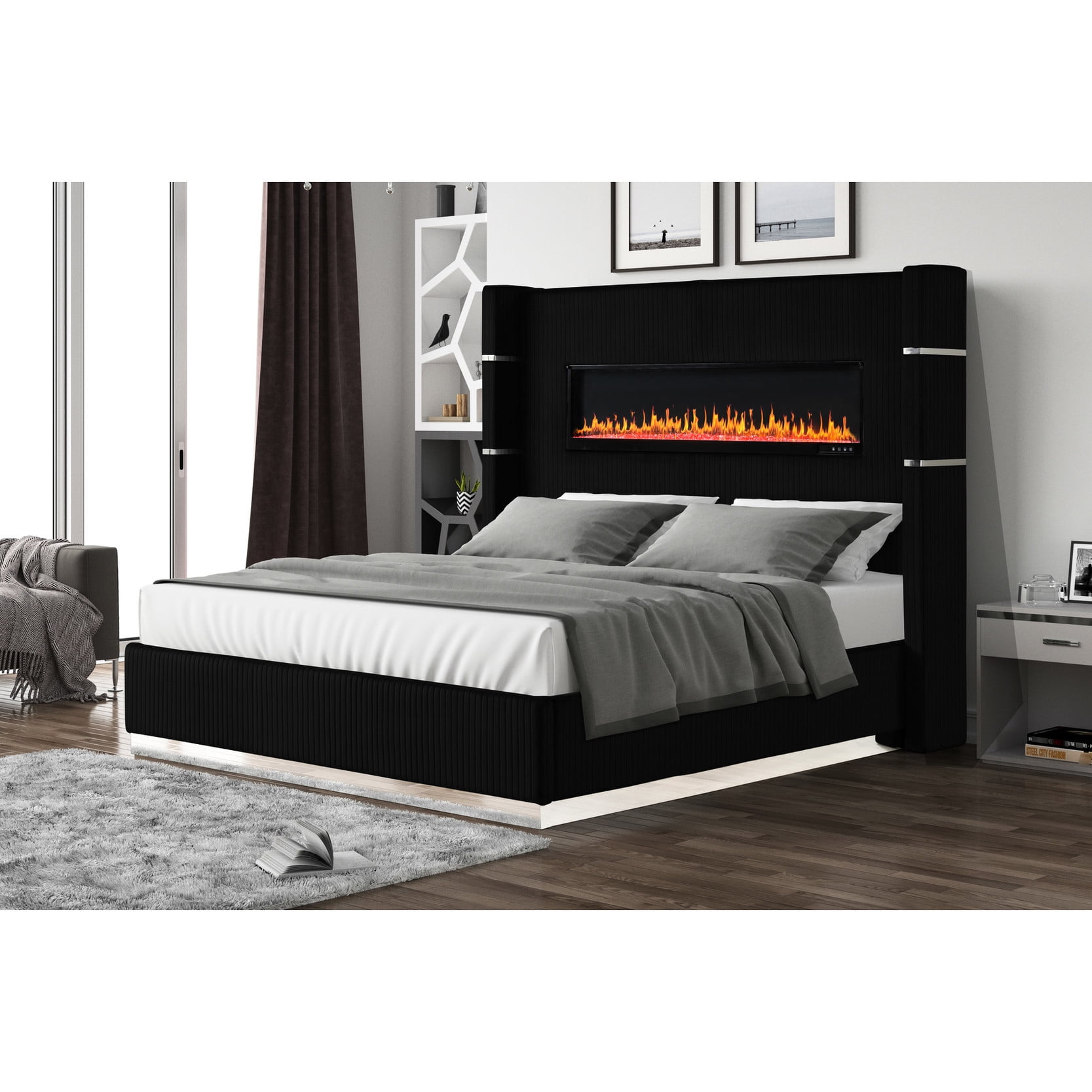 Queen Bed with Black Velvet Upholstery and USB Ports / Bluetooth Music ...