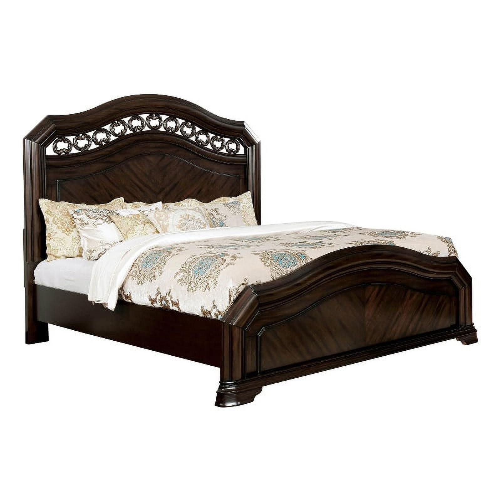 Queen Bed with Camelback Design and Gold Foliage Details Brown ...
