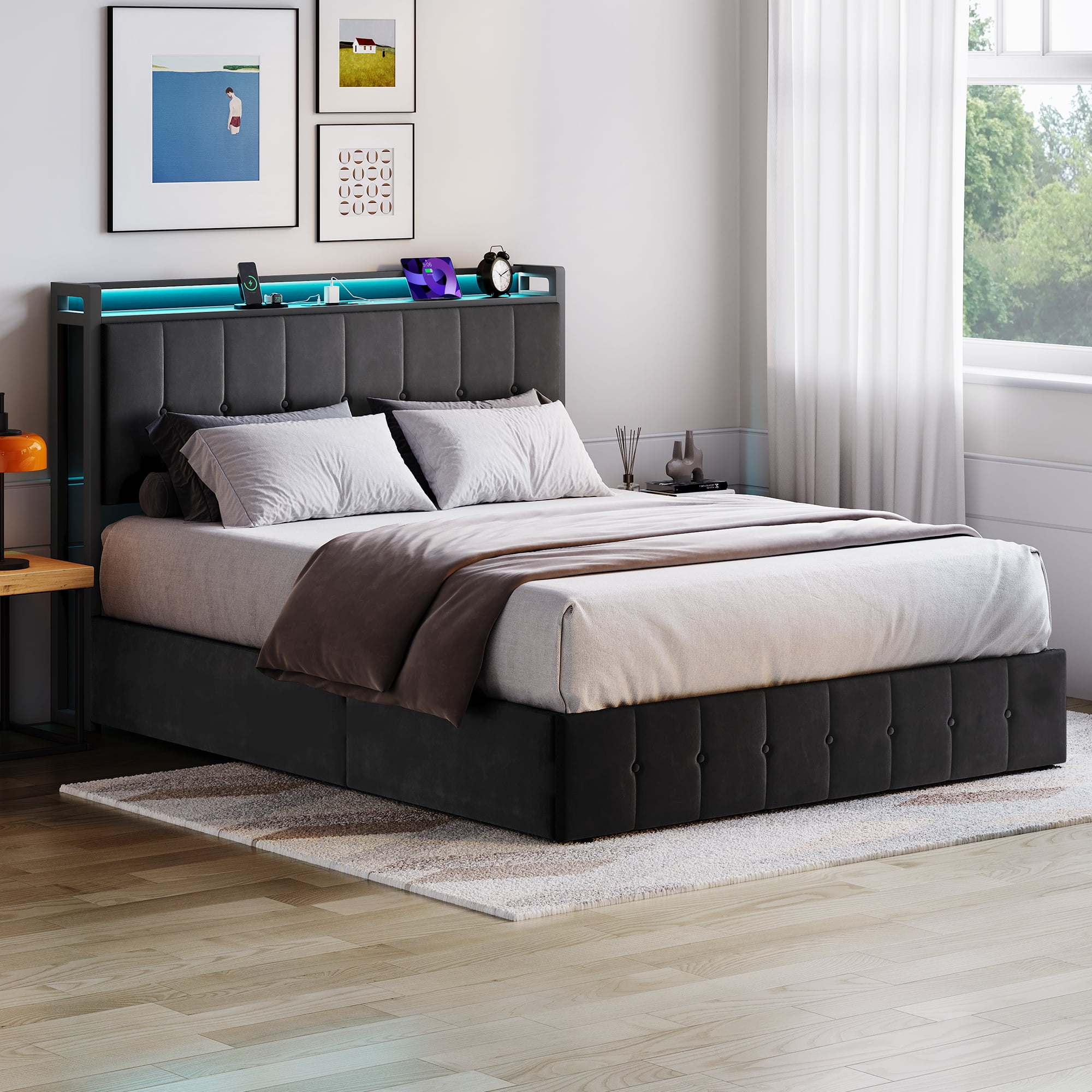 Queen Bed with LED Lights and Lift-Up Storage, Velvet Upholstered ...