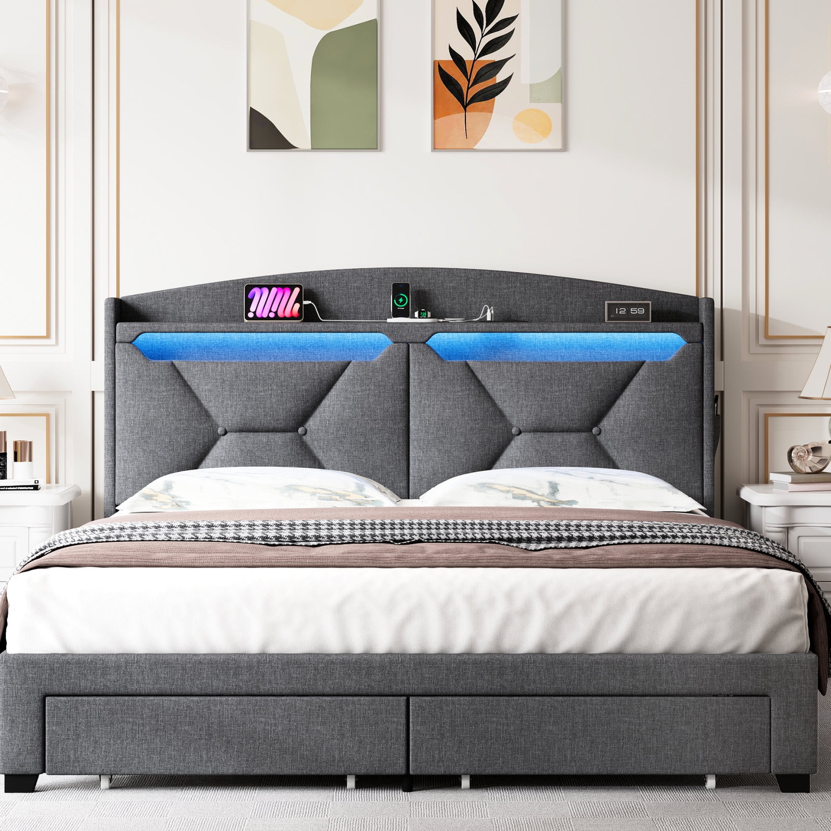 Queen Bed with RGB LED Lights and 2 Drawers in Footboard | 7 Scene ...